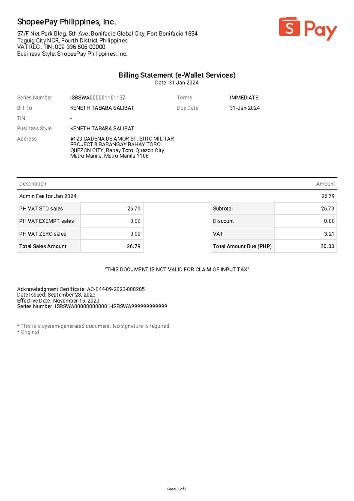 Shopee Pay Billing Statement (Jan 2024) - ShopeePay Philippines, Inc ...