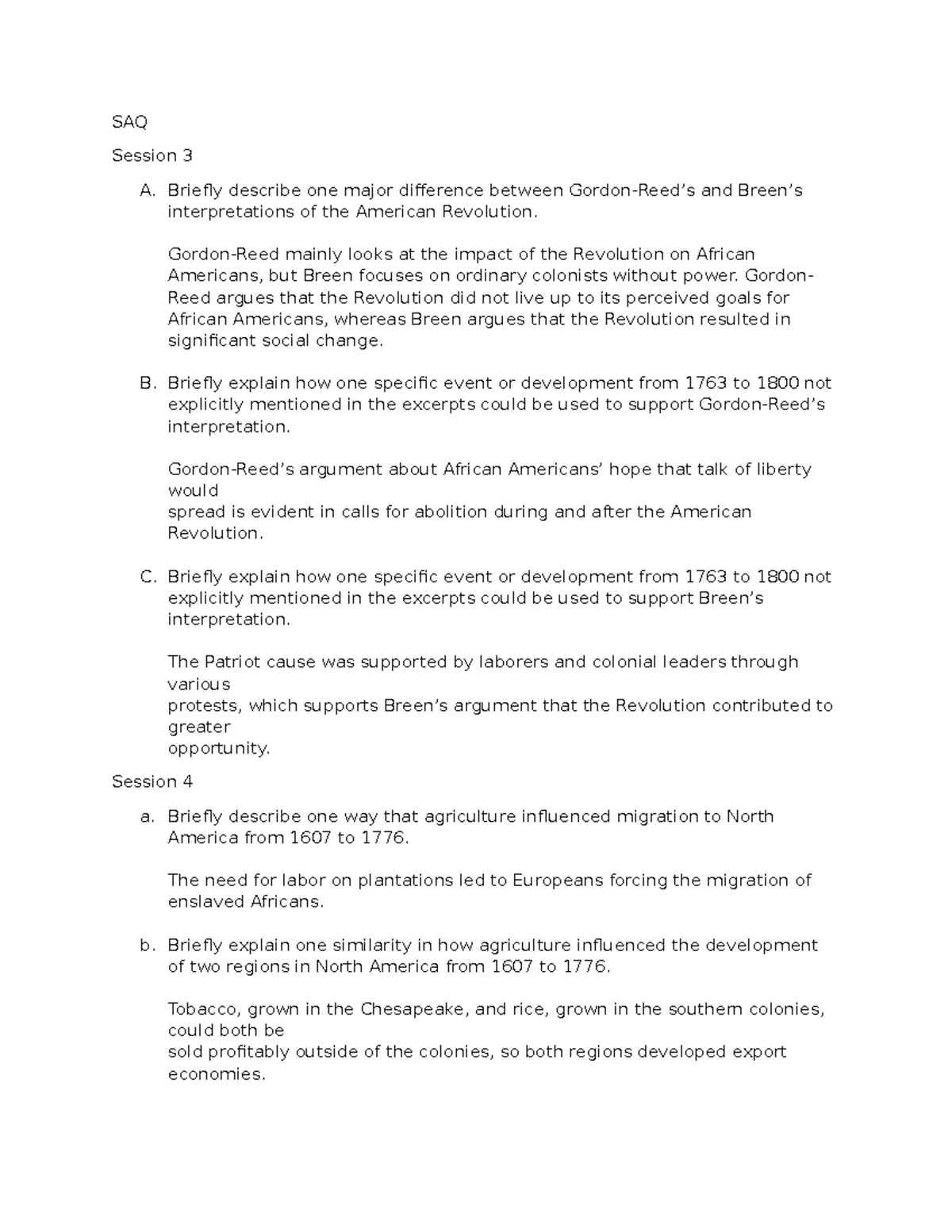 SAQ - Hope this helps! - SAQ Session 3 A. Briefly describe one major ...