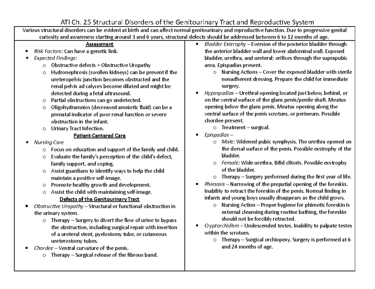 Peds ATI Ch25 - Structural Disorders Genitourinary Tract and ...