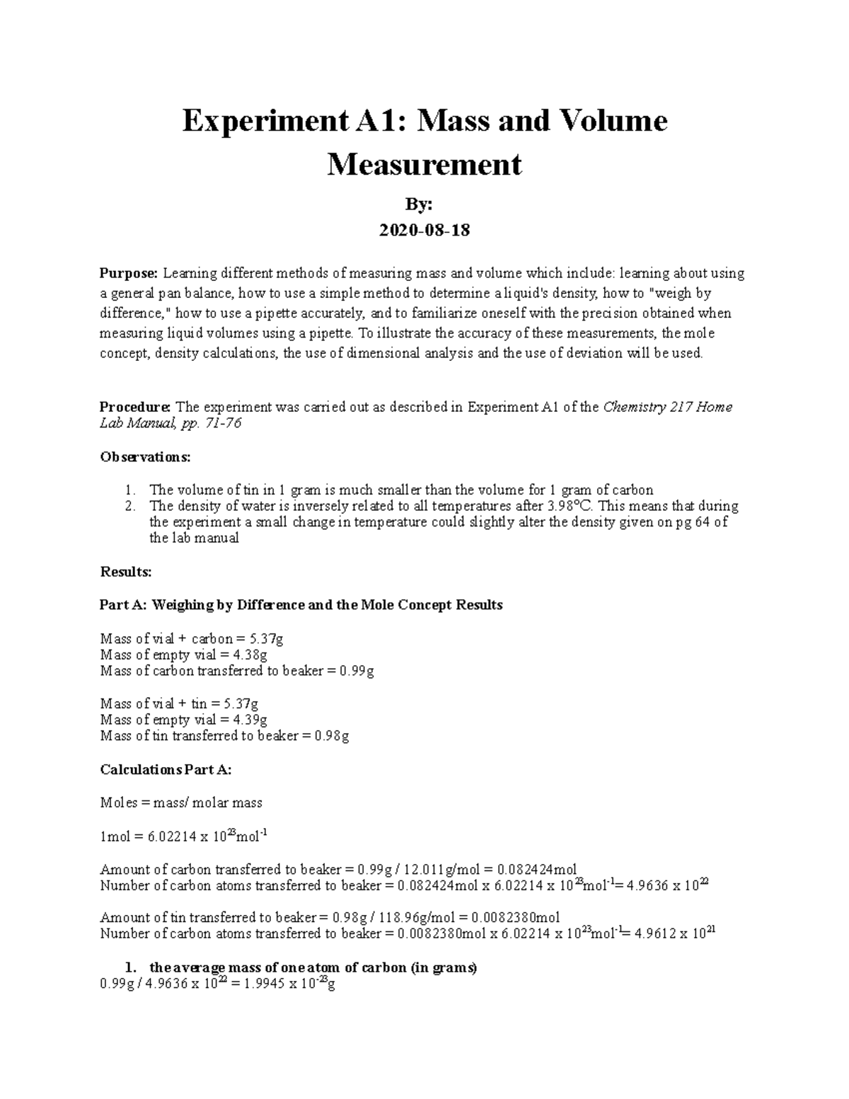 Lab A1 - 100% - Experiment A1: Mass and Volume Measurement By: 2020-08 ...