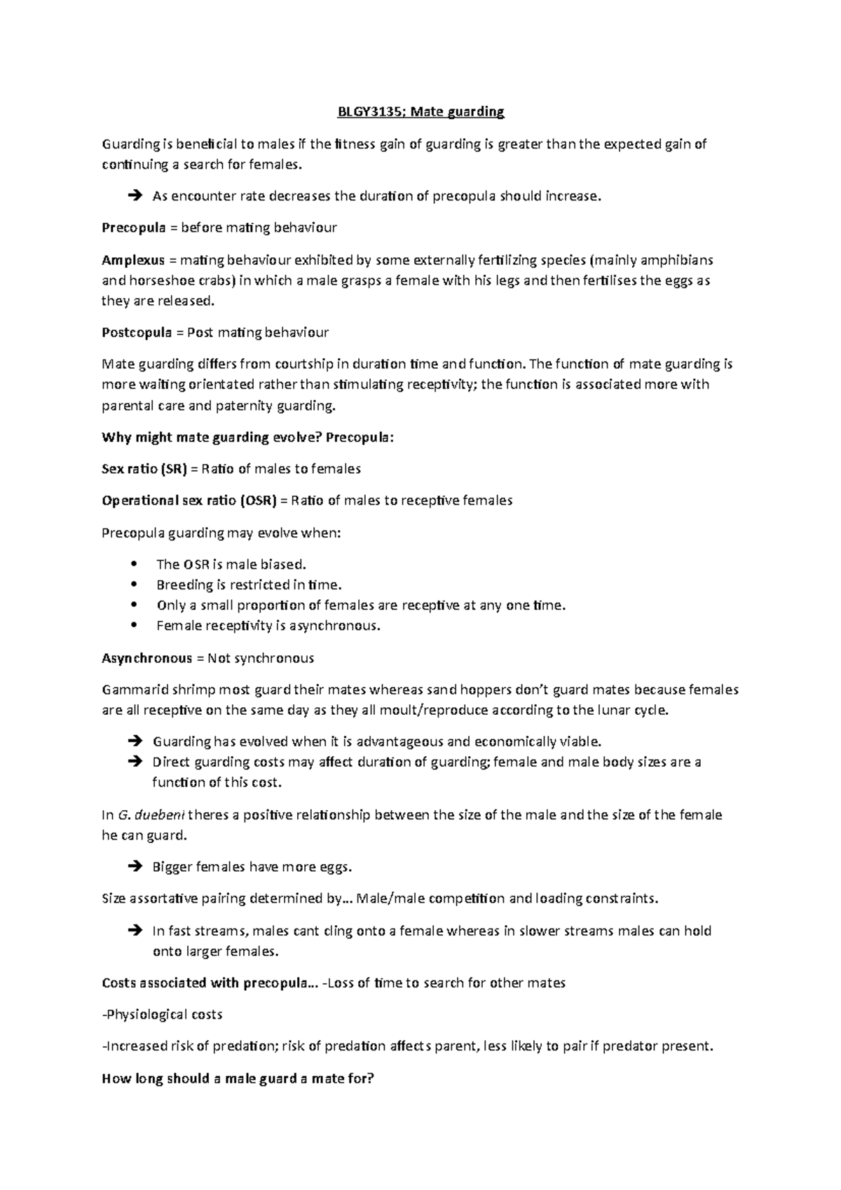 Mate guarding - Lecture notes for Behavioural Ecology - BLGY3135; Mate ...