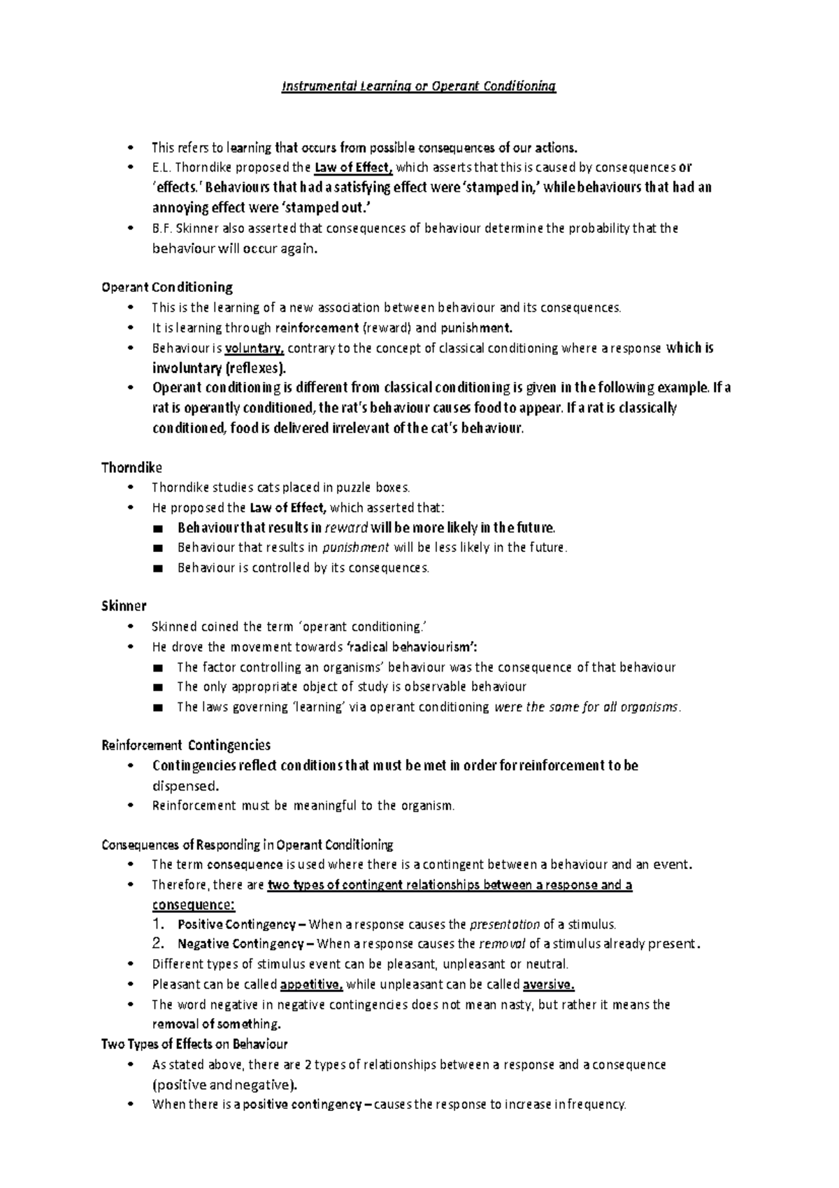 Lecture Notes - Operant Conditioning - Instrumental Learning or Operant ...