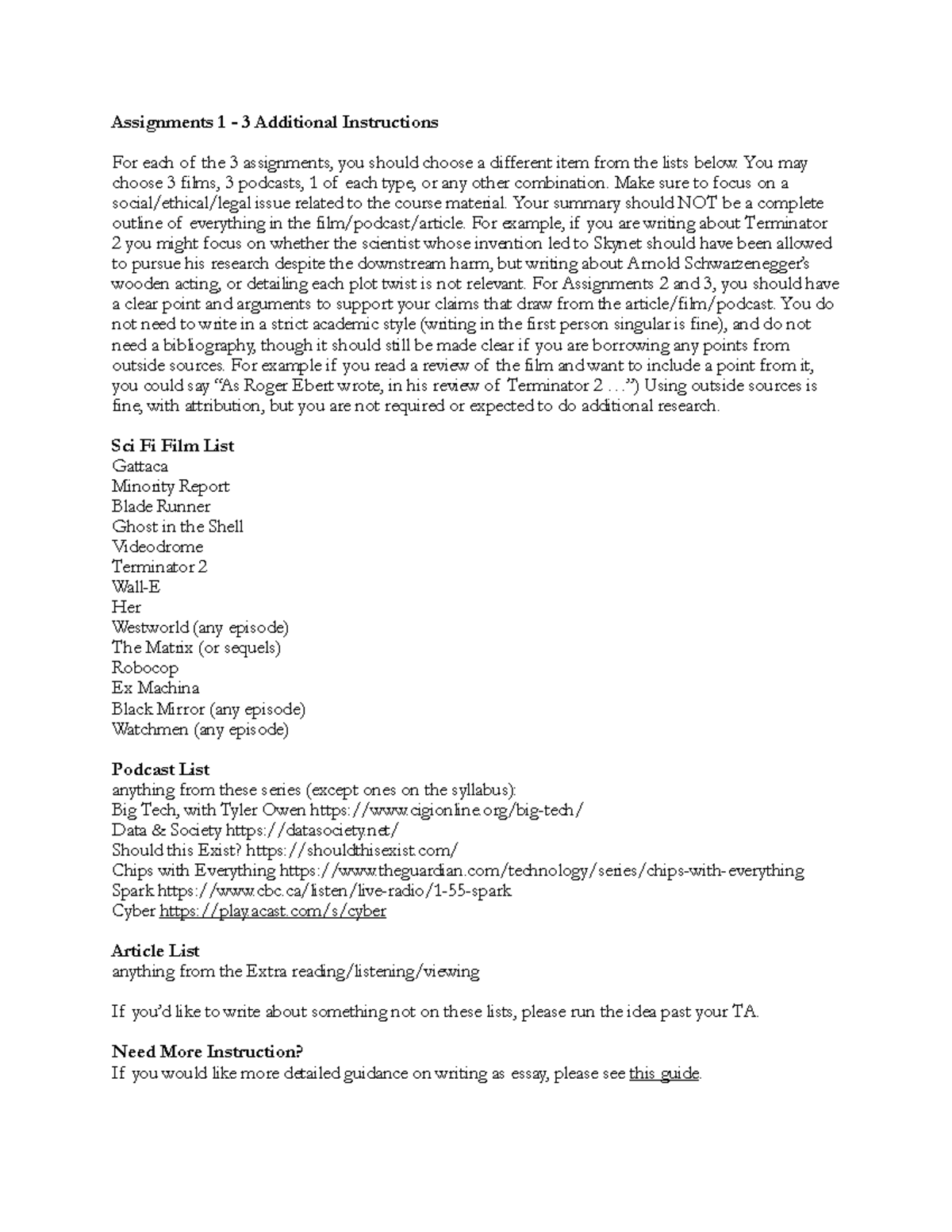 Assignment Info Sheet - Assignments 1 - 3 Additional Instructions For ...