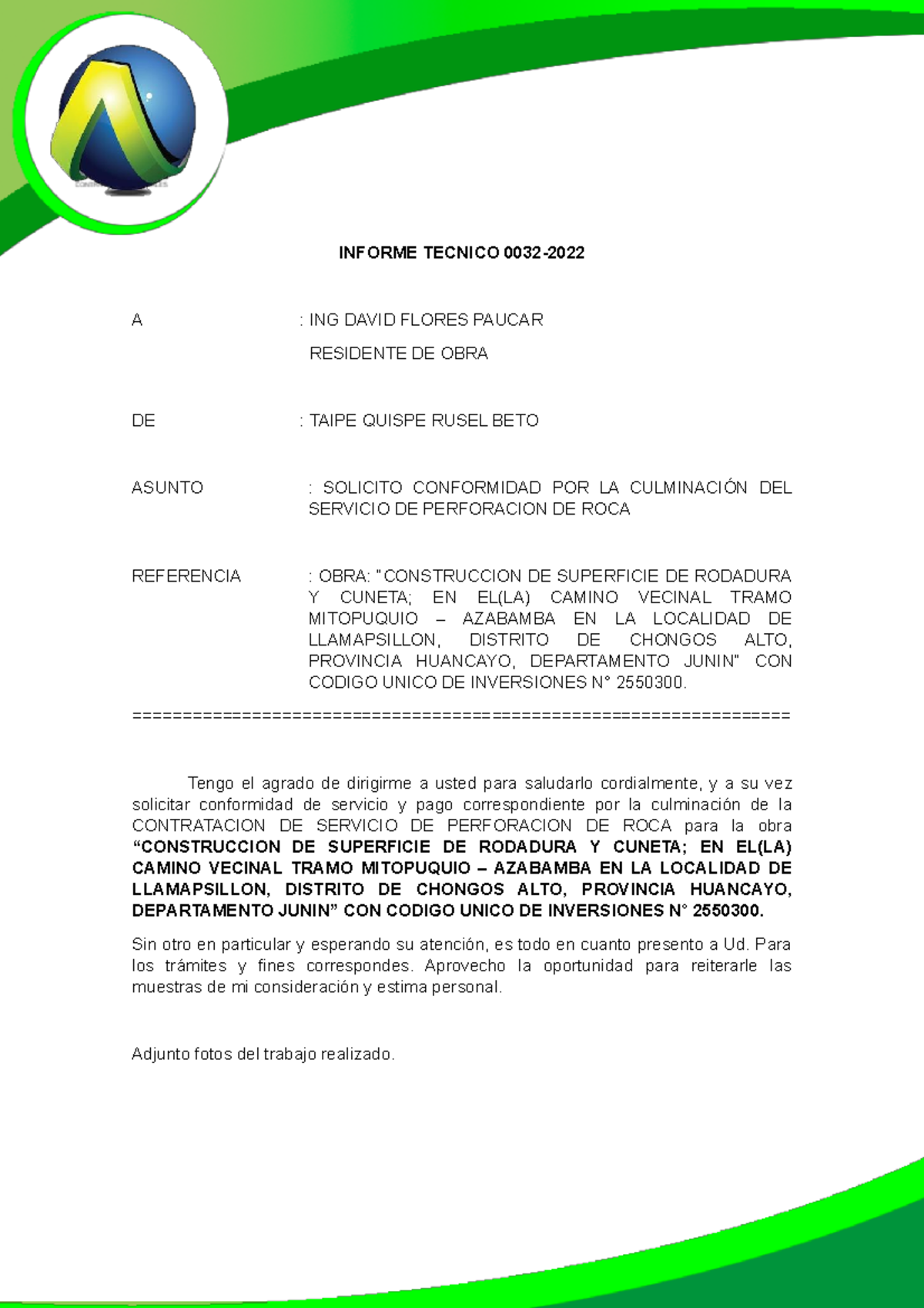 Informe Tecnico 0032 - INFORME TECNICO 0032- A : ING DAVID FLORES ...