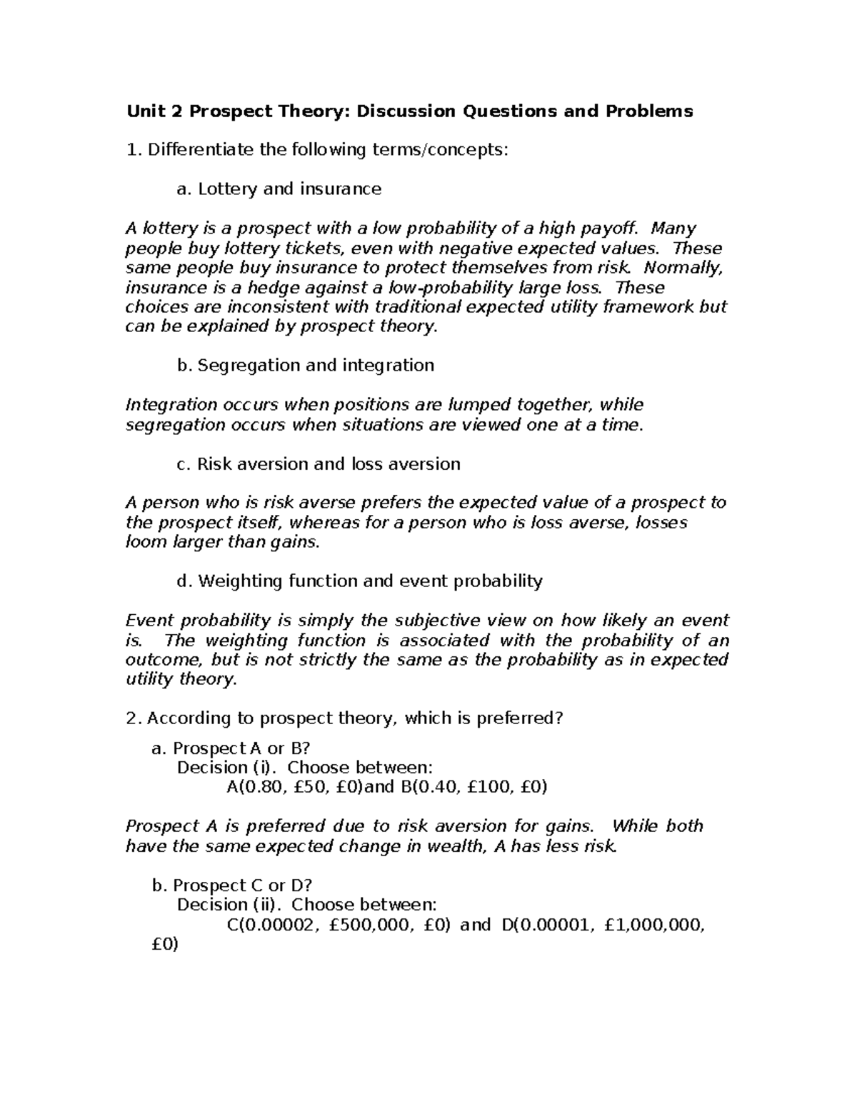 2 Prospect Theory WITH Solutions - Unit 2 Prospect Theory: Discussion ...