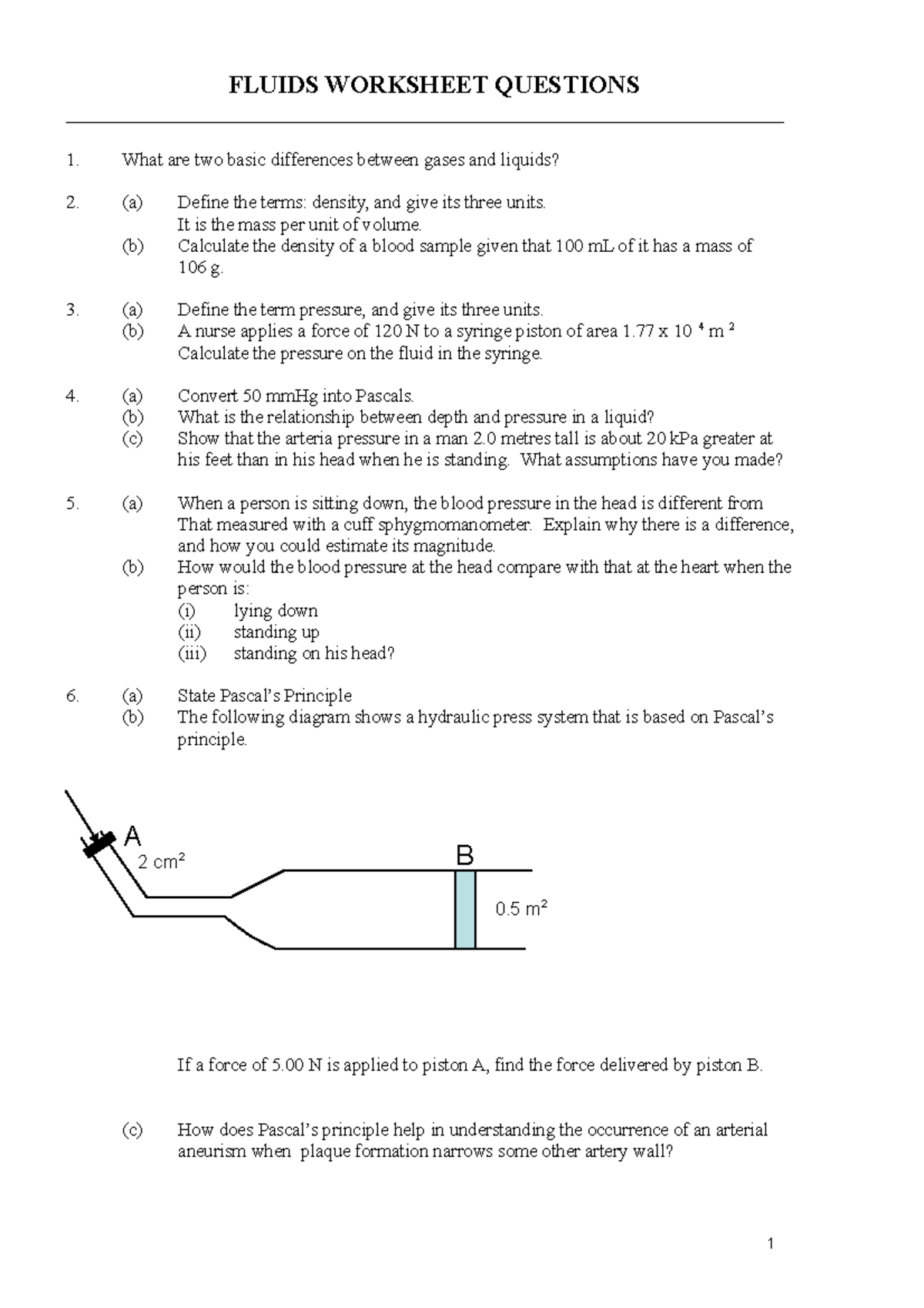 Fluids Worksheet (week 3) - FLUIDS WORKSHEET QUESTIONS - Studocu