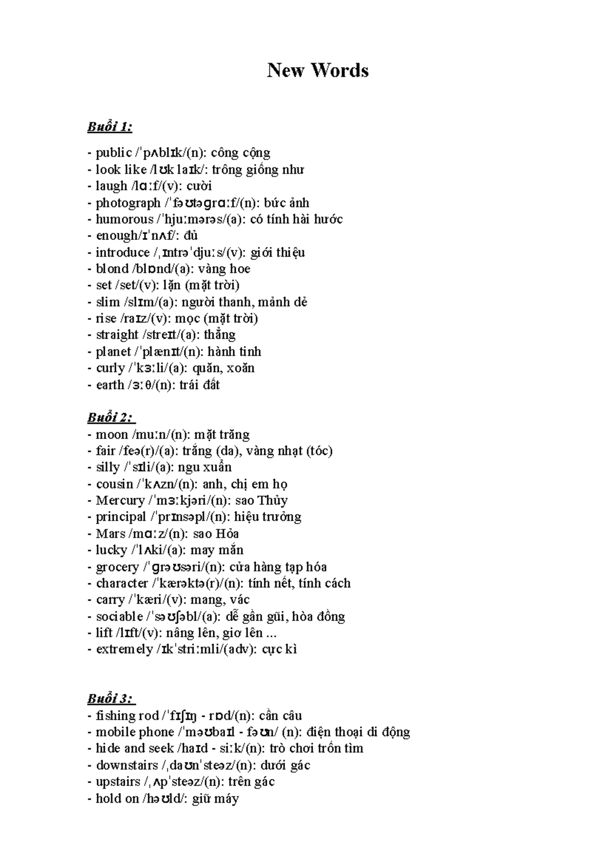 New Words 1 - tiếng anh - New Words Buổi 1: public / p bl k/(n): công ...