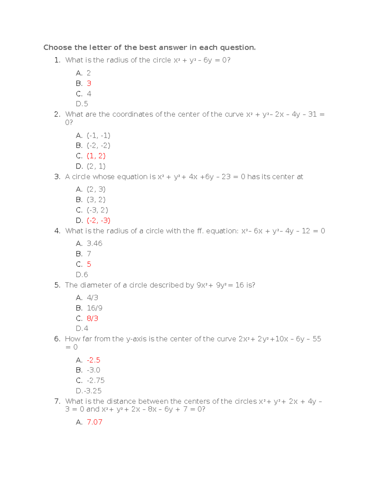 Analytic Geometry Choose The Letter Of The Best Answer In Each