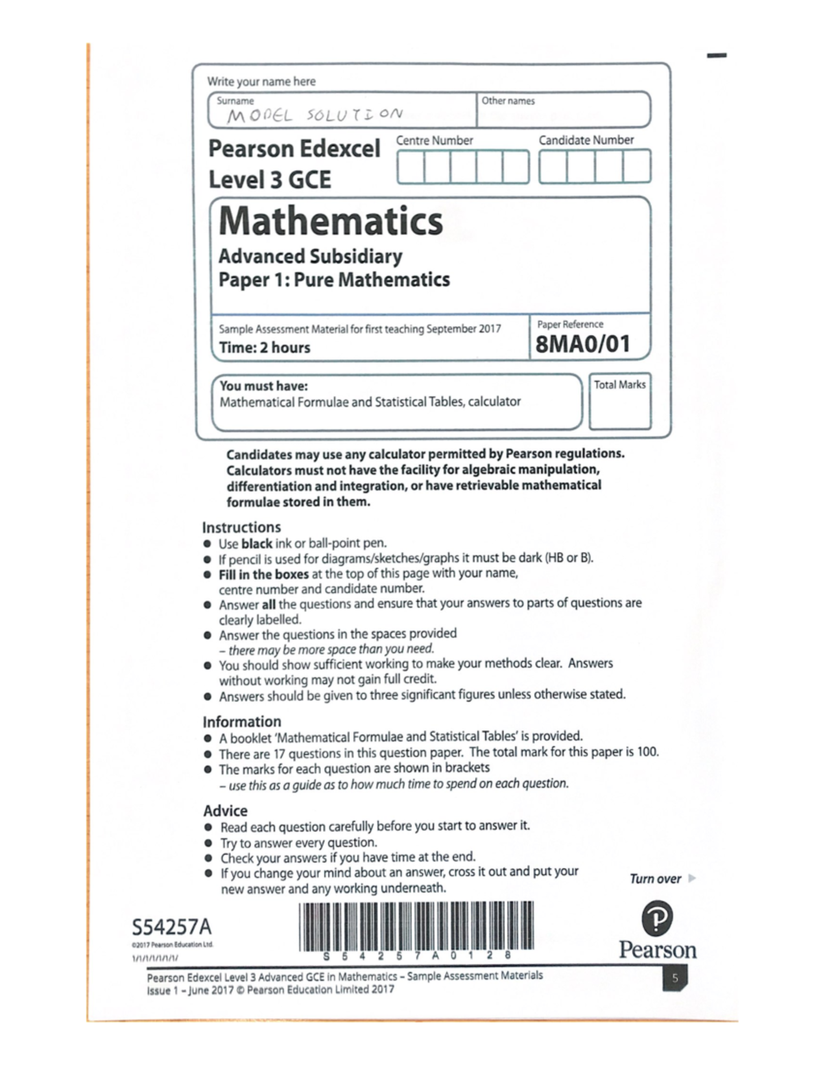 Sample AS Paper 1 Pure Mathematics 3 - Write your name here Surname Other names MODEL SOLUTION ...