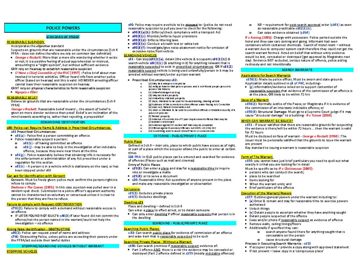 Crim B Template - Lecture notes 1-11 - dri POLICE POWERS STANDARD OF ...
