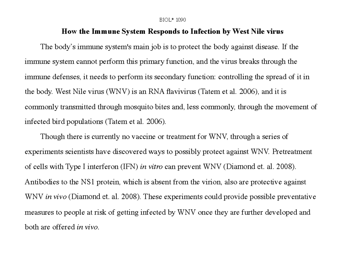 Project, Biology - BIOL* 1090 How the Immune System Responds to ...