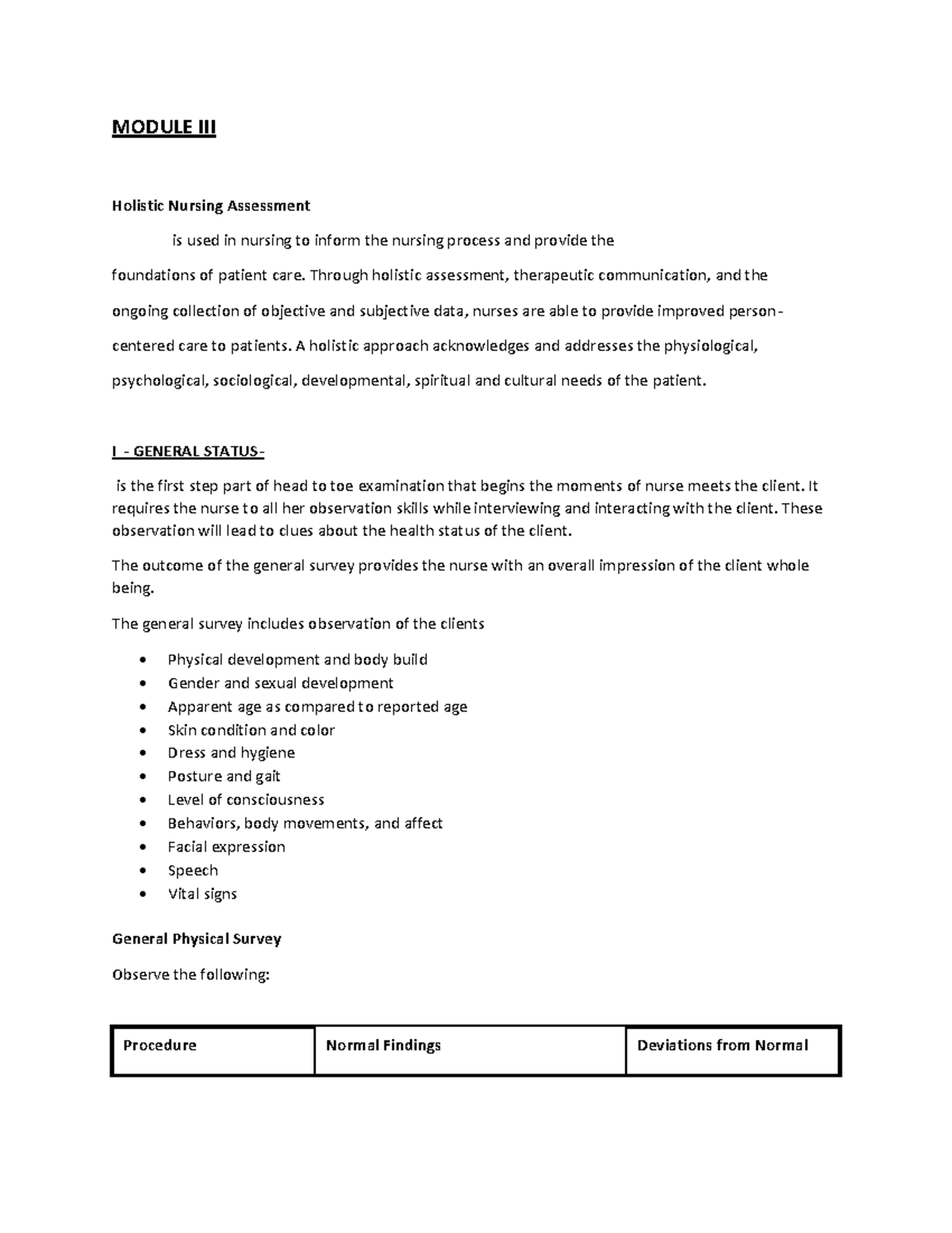 HA Module 3 - HA MOD 3 - MODULE III Holistic Nursing Assessment is used ...