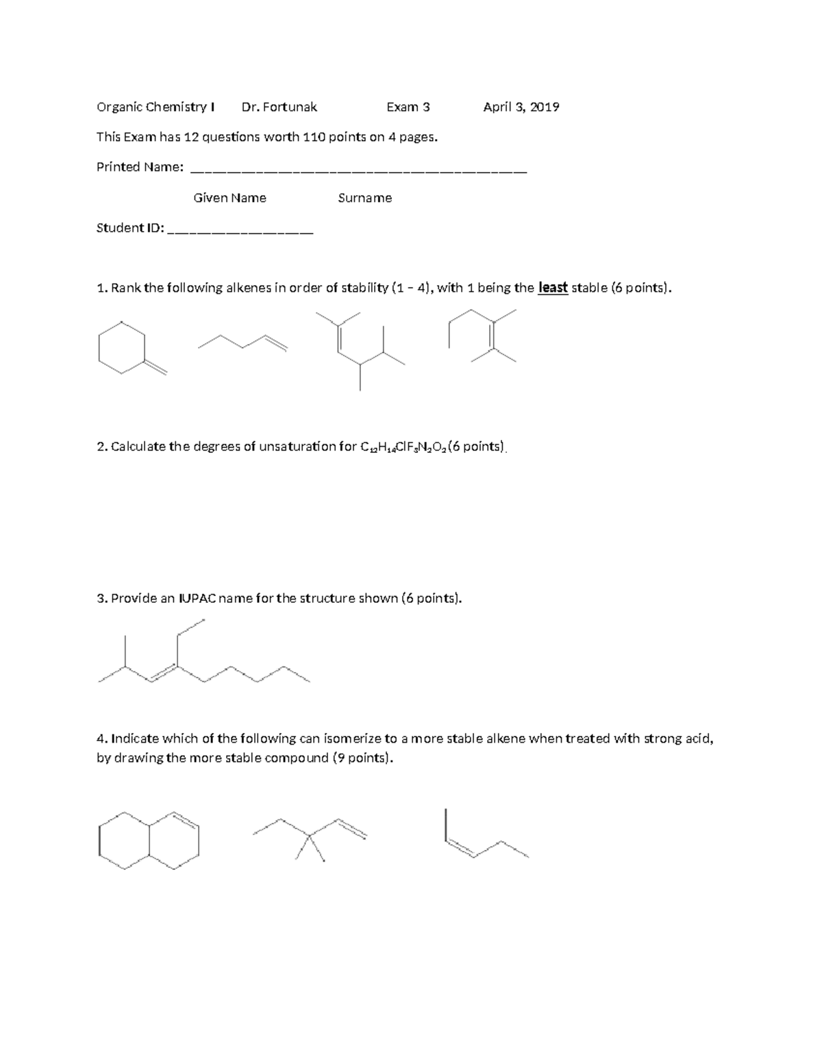 Chem 141 Exam 3A 2019 - Organic Chemistry I Dr. Fortunak Exam 3 April 3 ...