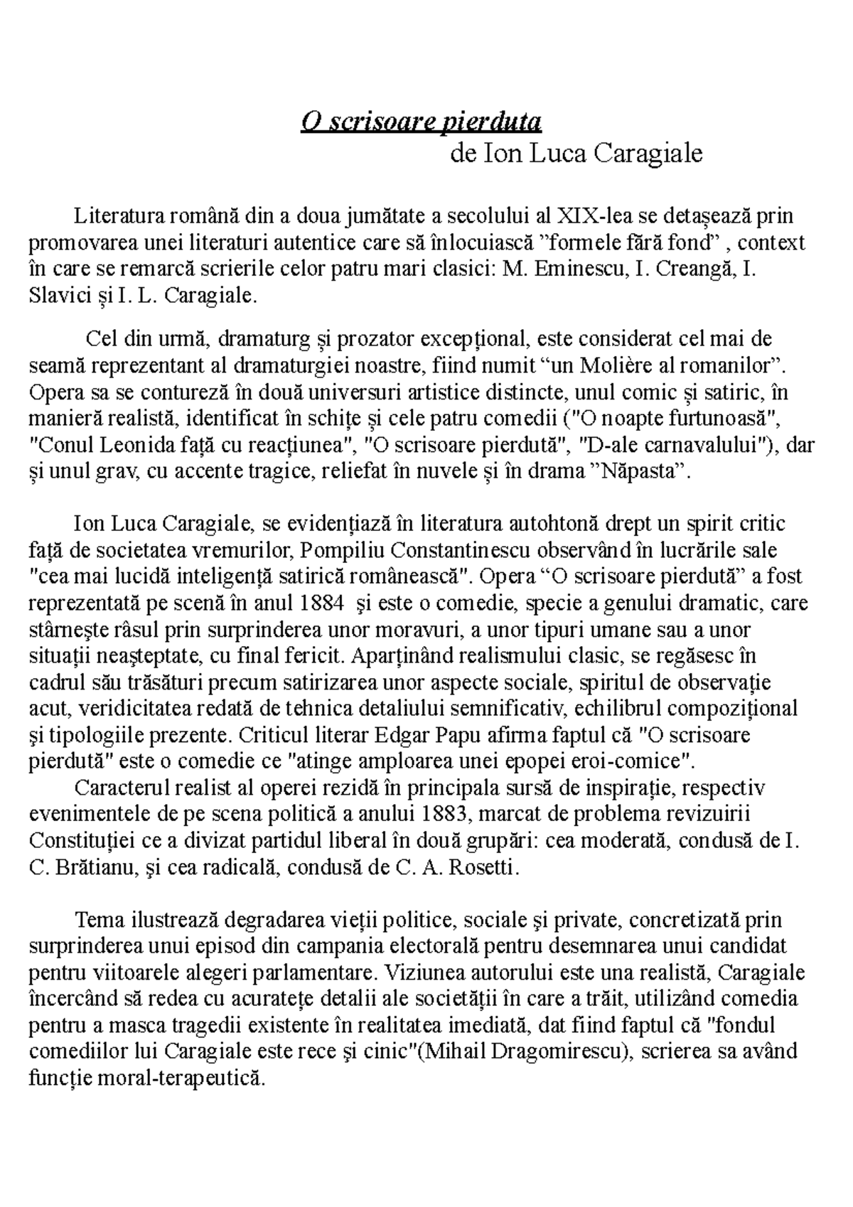 O scrisoare pierduta - 1885 - O scrisoare pierduta de Ion Luca ...