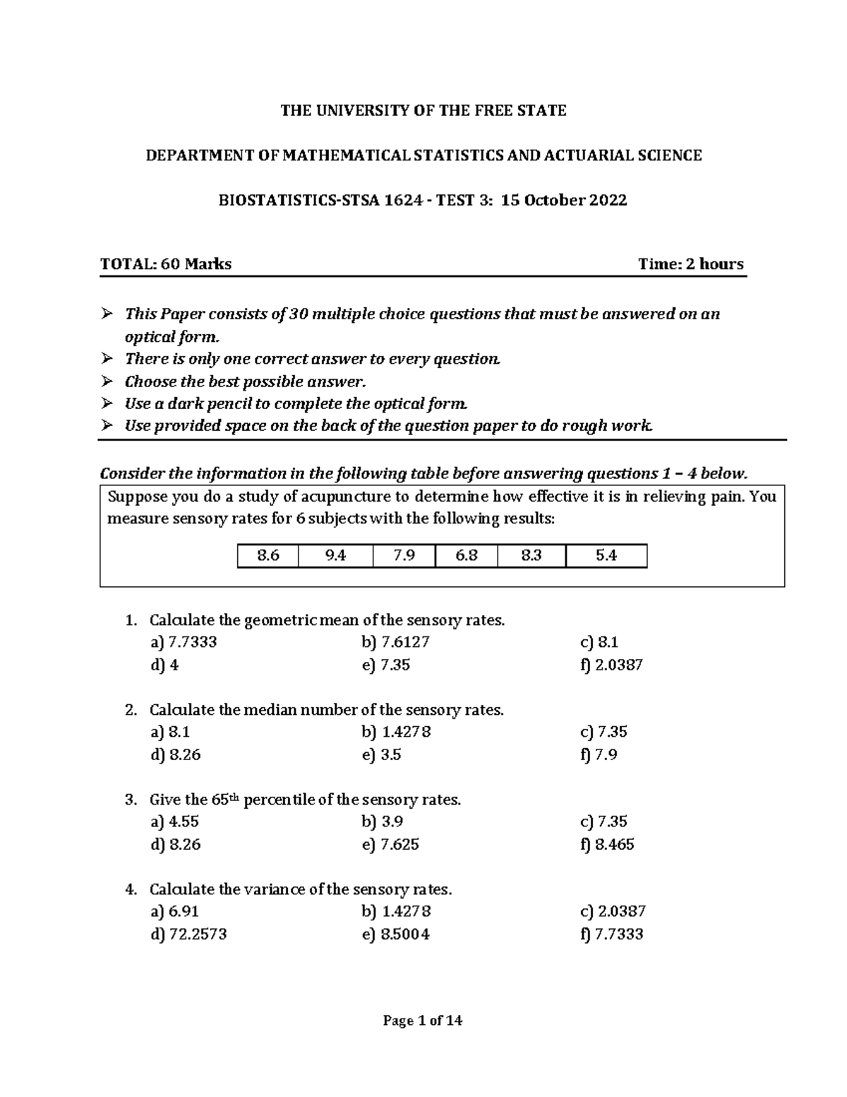 Test 3 - exercise - THE UNIVERSITY OF THE FREE STATE DEPARTMENT OF ...