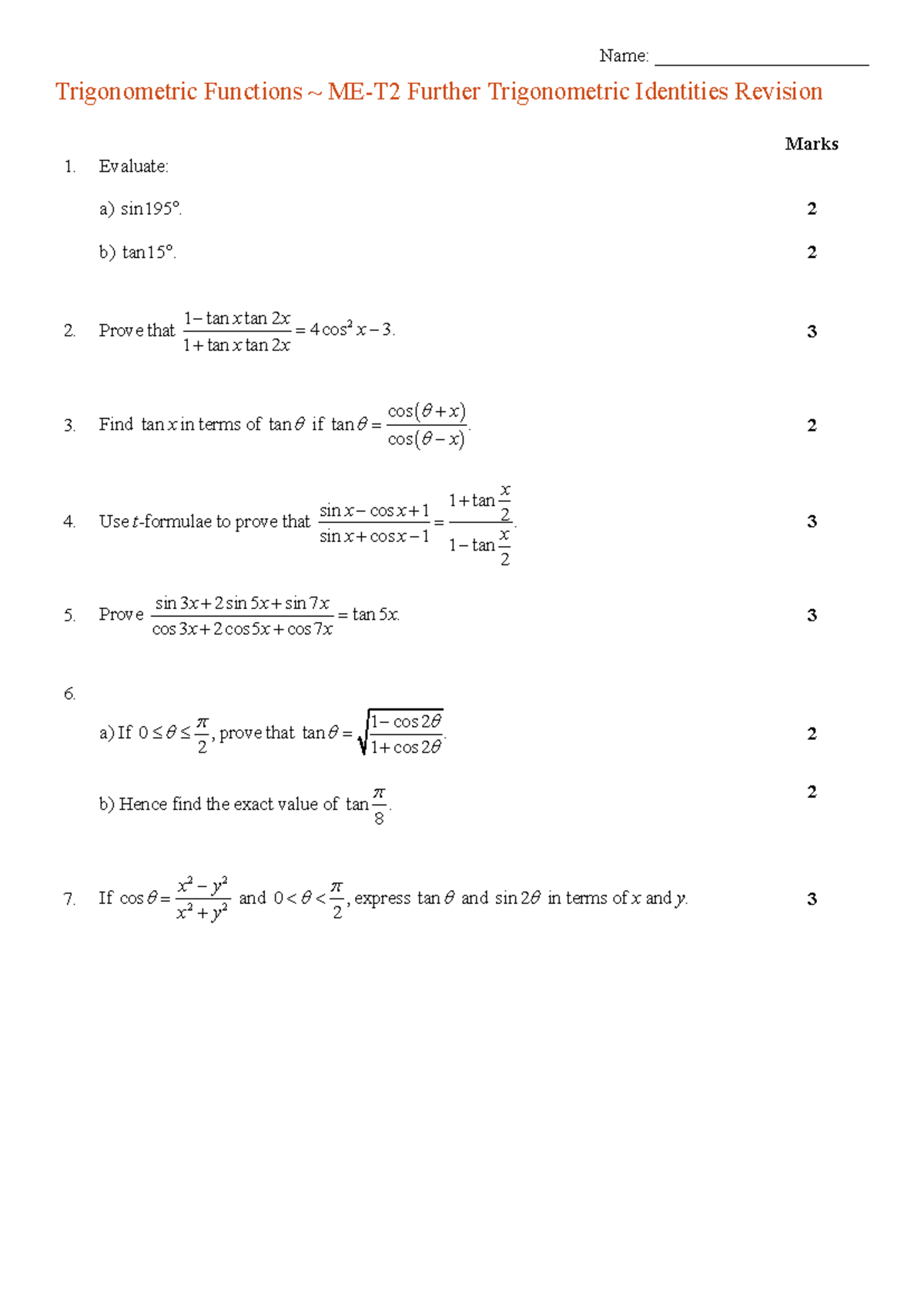 Y11 Maths - ME-T2 Further Trigonometric Identities Revision - Name