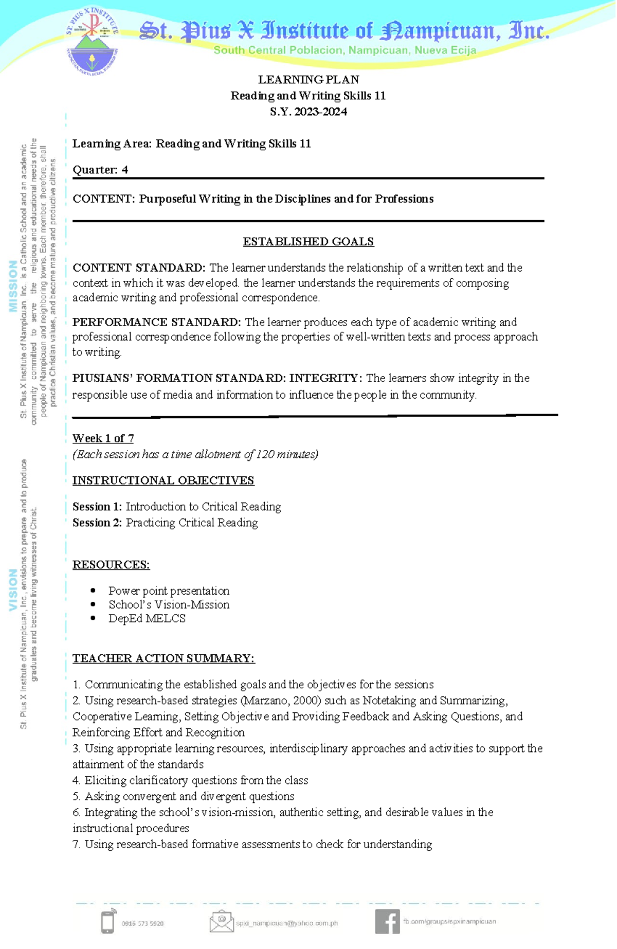 Lp Q4 W1 Reading and Writing Skills 11 - LEARNING PLAN Reading and ...