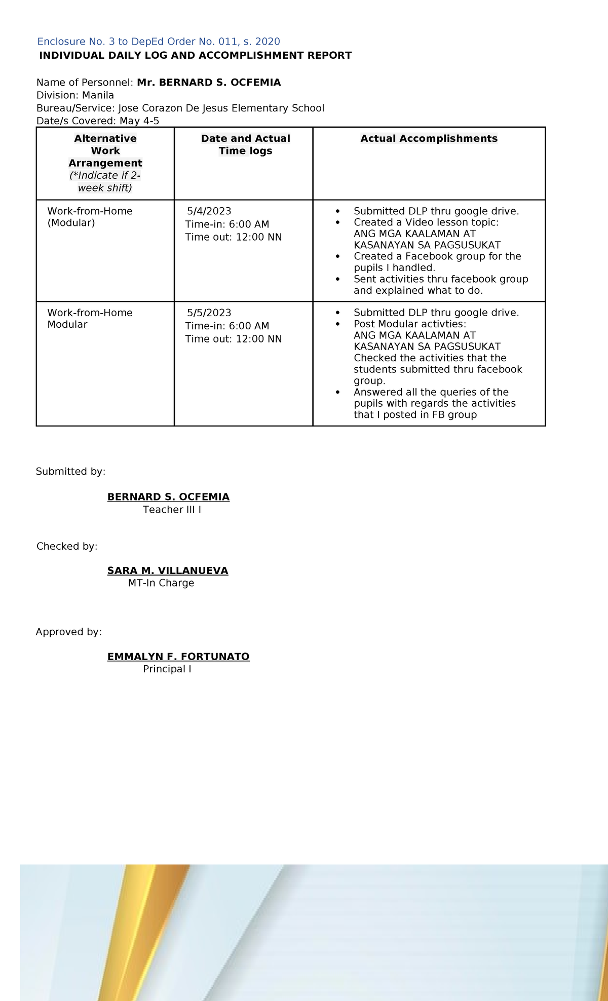 MAY 4-5,2023 Idlar- Ocfemia- Bernard-S - Enclosure No. 3 to DepEd Order No. 011, s. 2020 ...