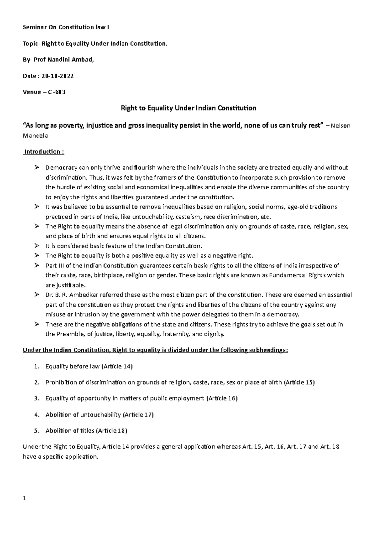 Right to Equality Under Indian Constitution - By- Prof Nandini Ambad ...