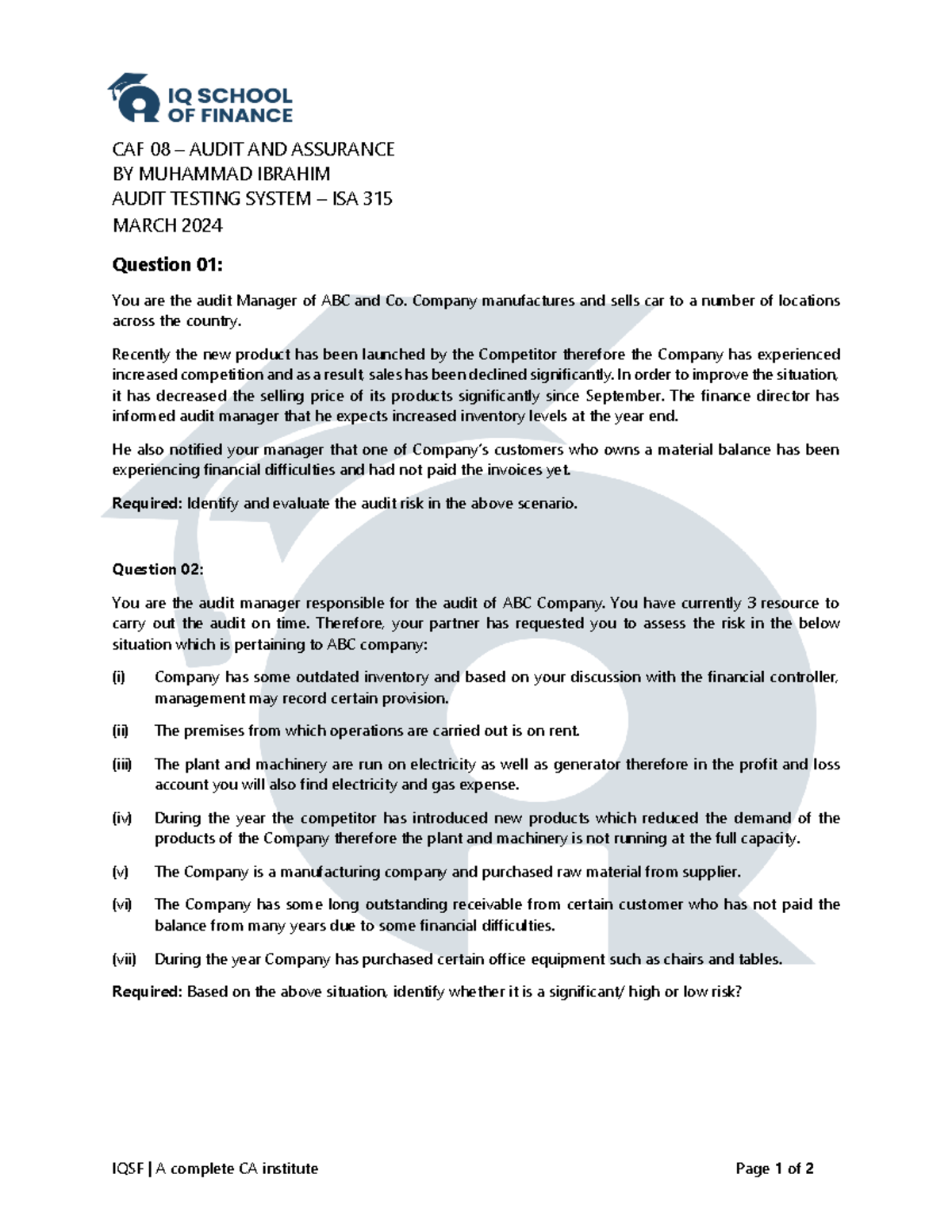 MOCK Assessment CAF 8 - 315 - CAF 08 – AUDIT AND ASSURANCE BY MUHAMMAD ...