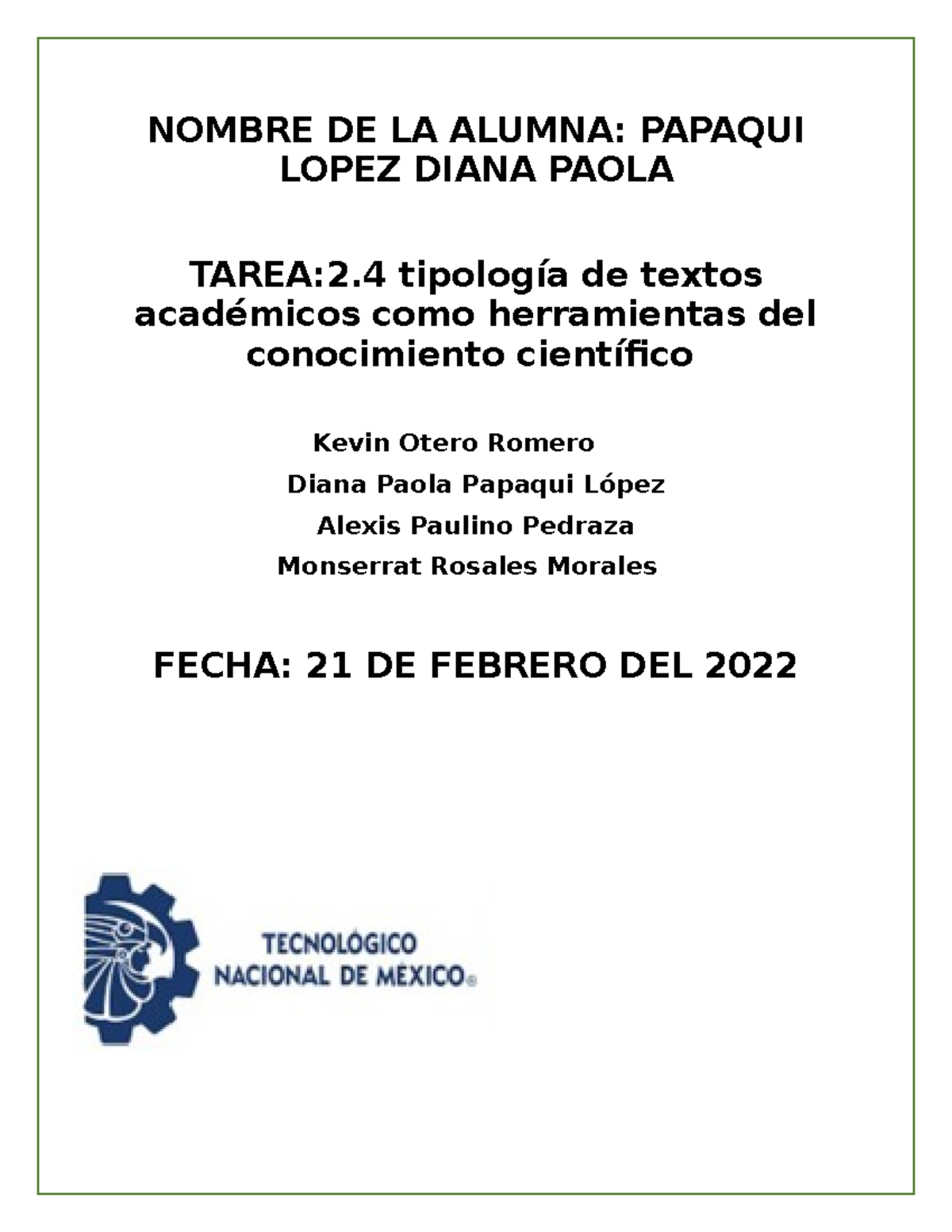 2.4 Tipologias DE Texto - NOMBRE DE LA ALUMNA: PAPAQUI LOPEZ DIANA ...