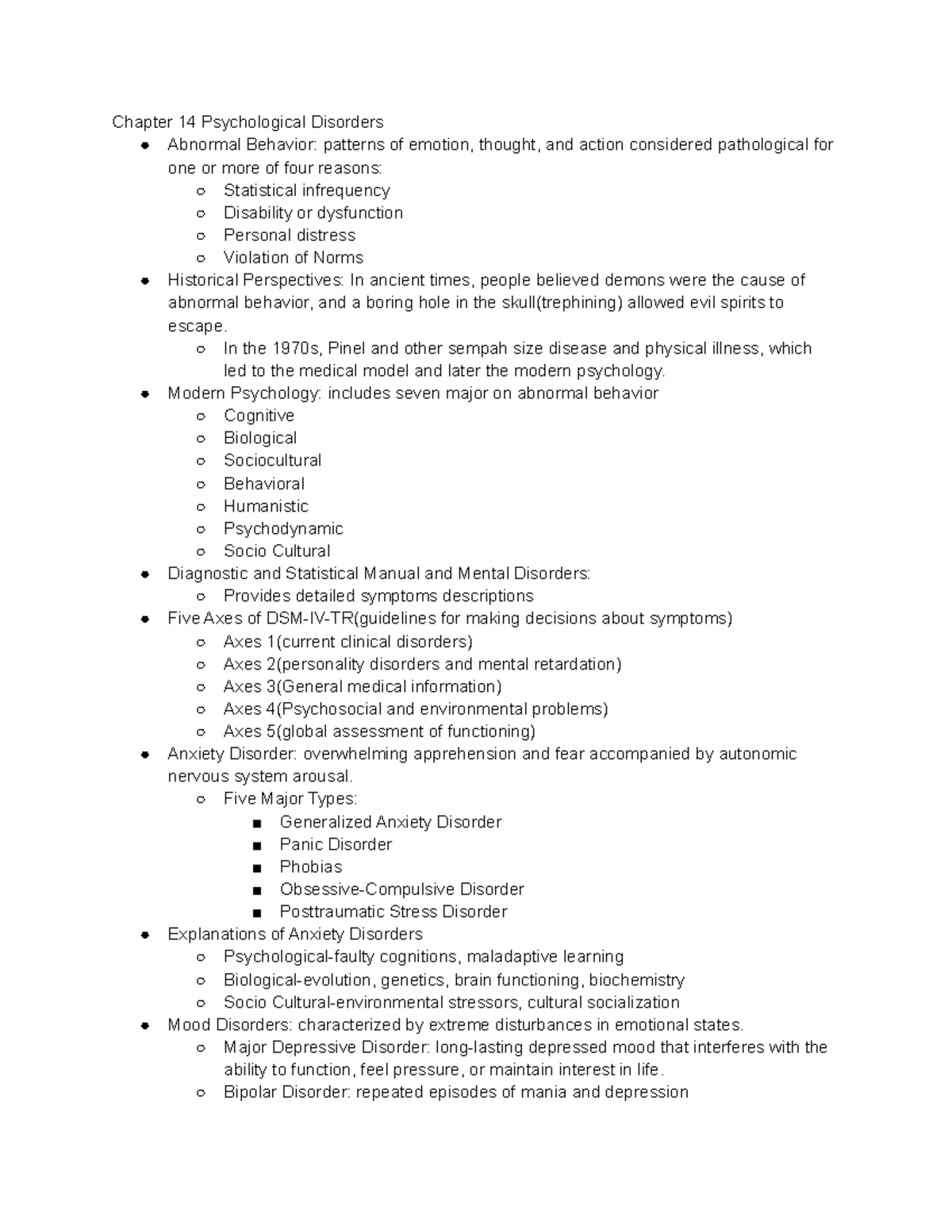 Chapter 14 Notes - Chapter 14 Psychological Disorders Abnormal Behavior ...