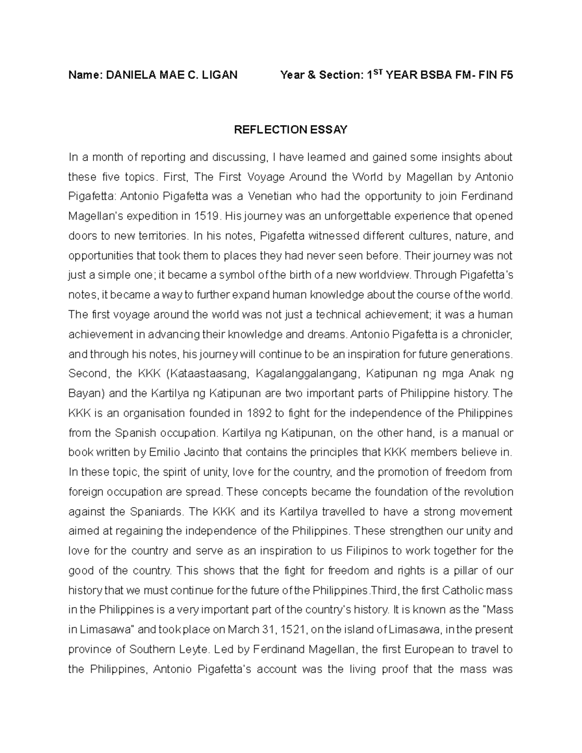 Philhist( Reflection) - Name: DANIELA MAE C. LIGAN Year & Section: 1ST YEAR BSBA FM- FIN F - Studocu