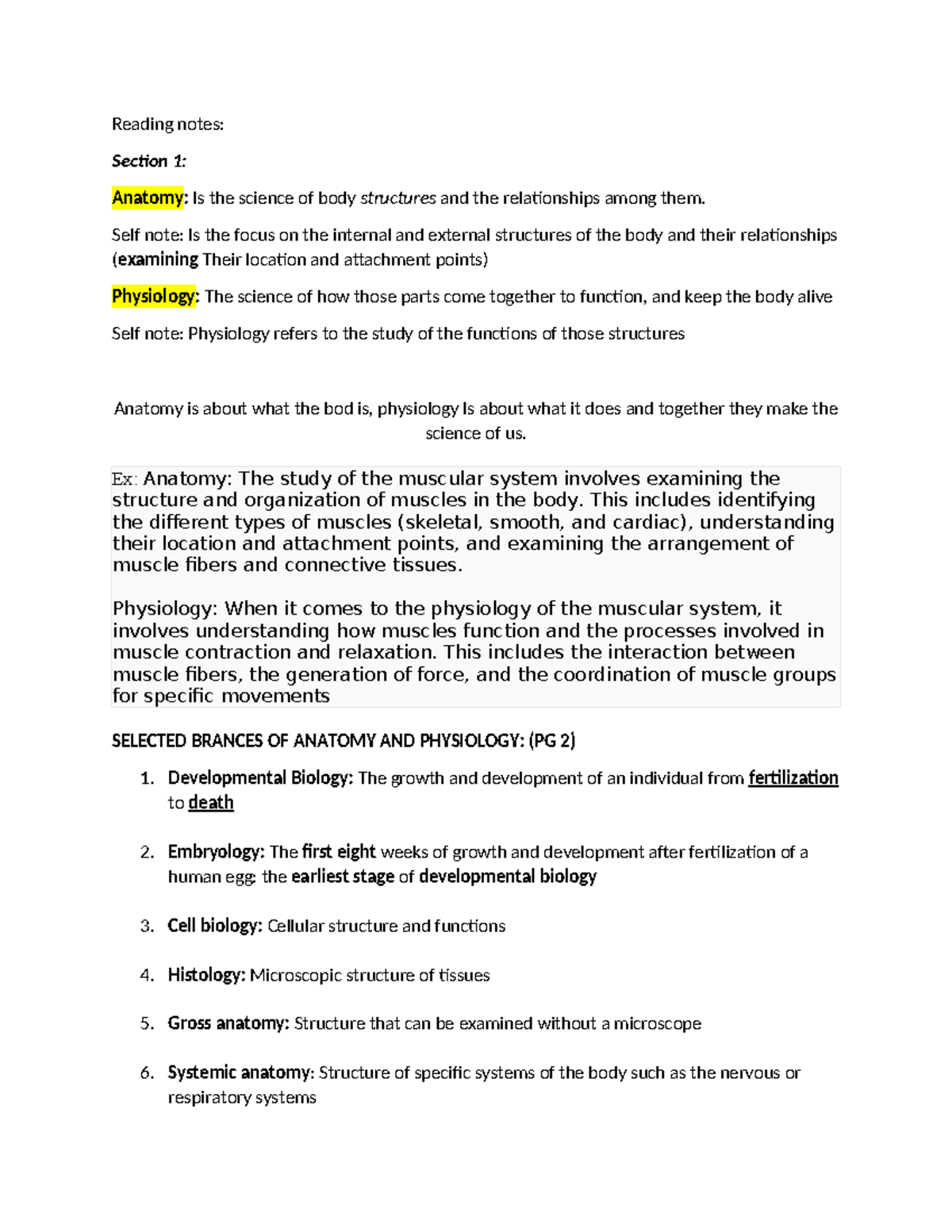A&P Introduction lecture Sept 5th - Reading notes: Section 1: Anatomy ...