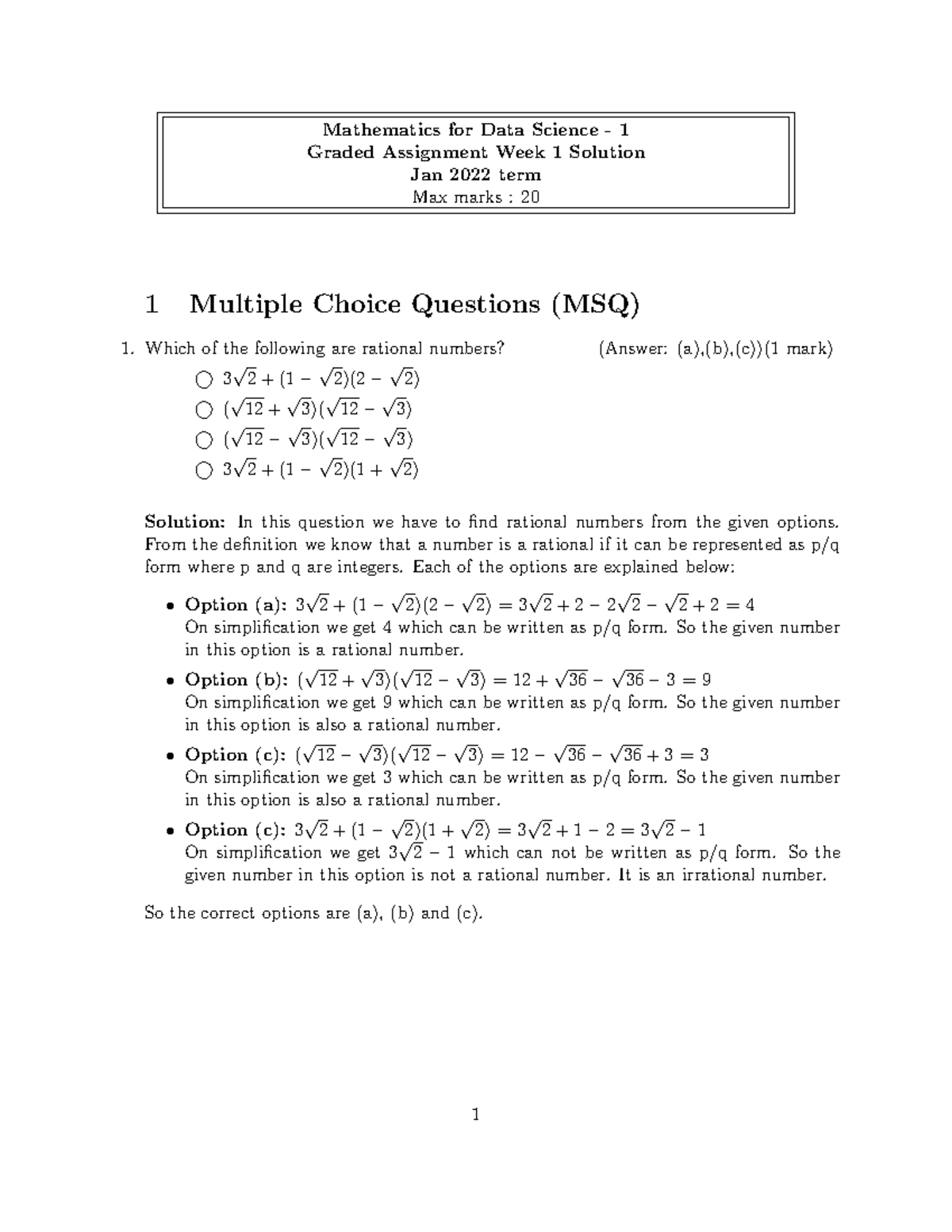 M1W01GA - Mathematics for Data Science - 1 Graded Assignment Week 1 Solution Jan 2022 term Max ...