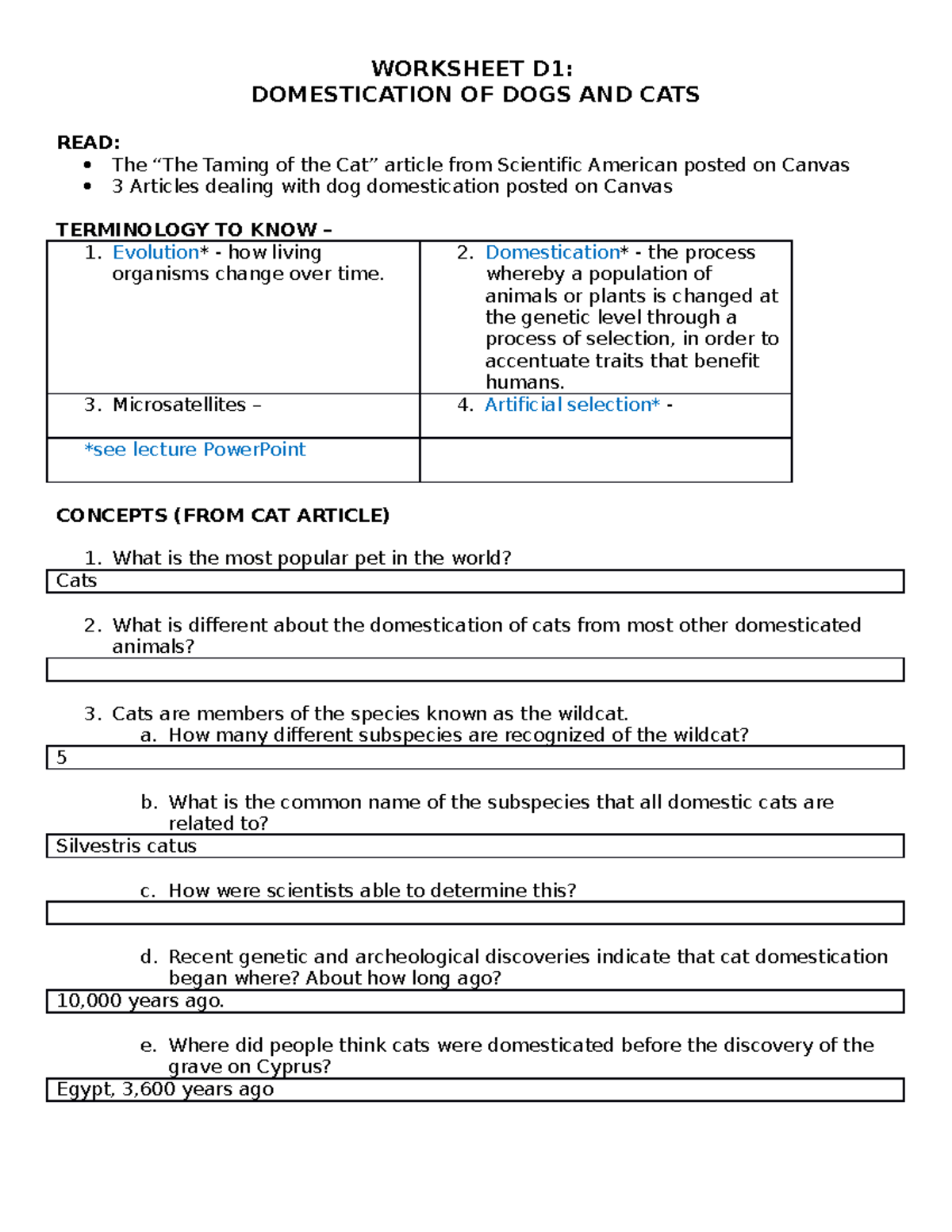 Worksheet D1 F21 - WORKSHEET D1: DOMESTICATION OF DOGS AND CATS READ ...