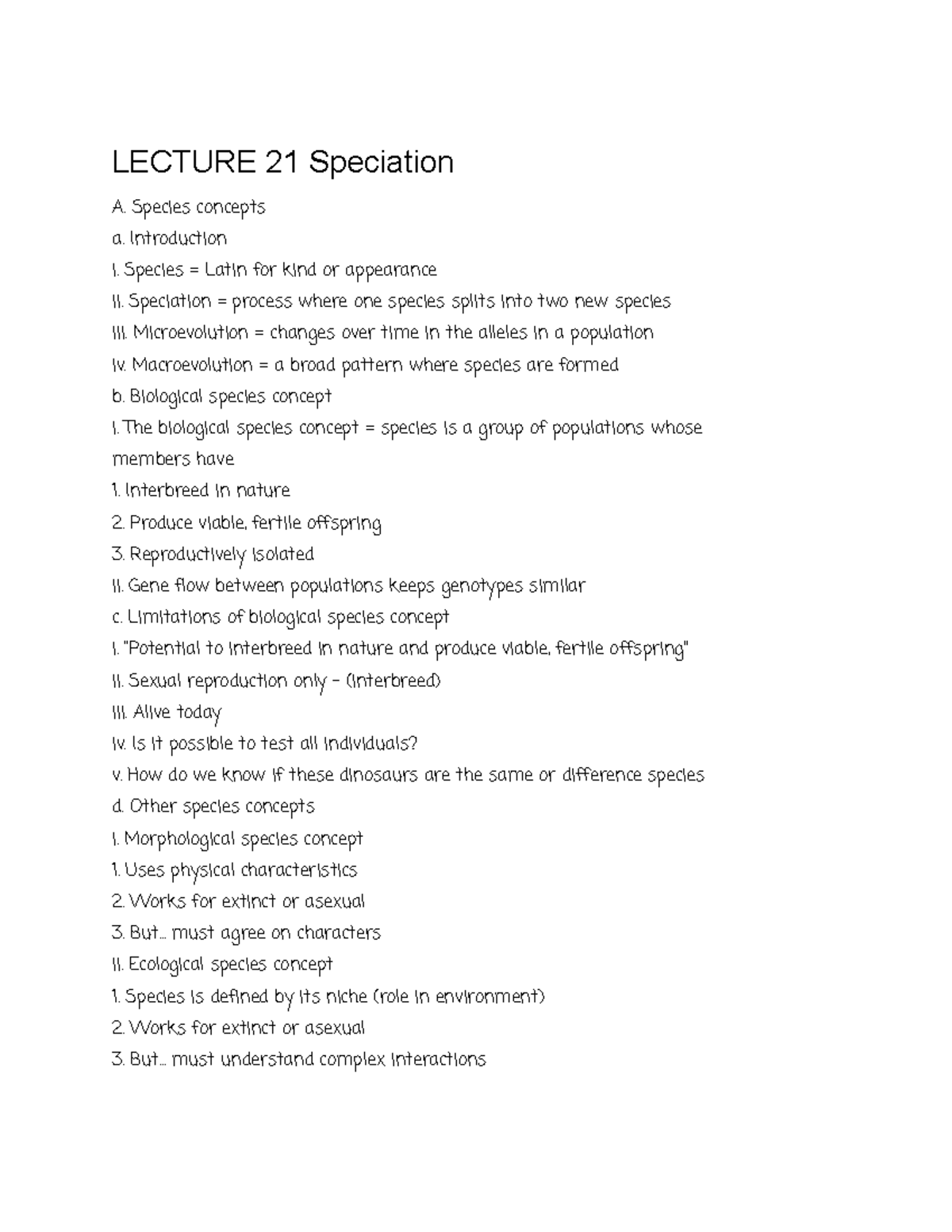 Lecture 21 Speciation - LECTURE 21 Speciation A. Species concepts a. Introduction i. Species ...