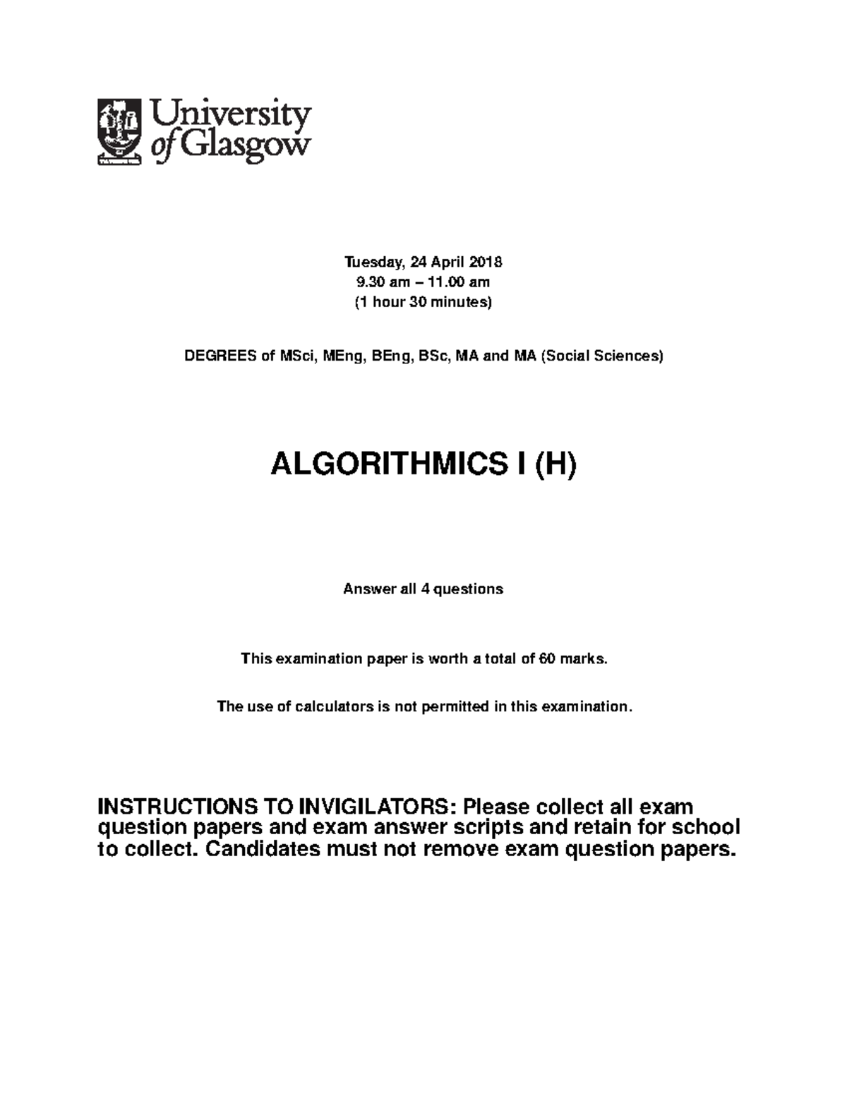 Compsci 4009 1 Algorithmics I (H) 2018 04 - Tuesday, 24 April 2018 9 am ...
