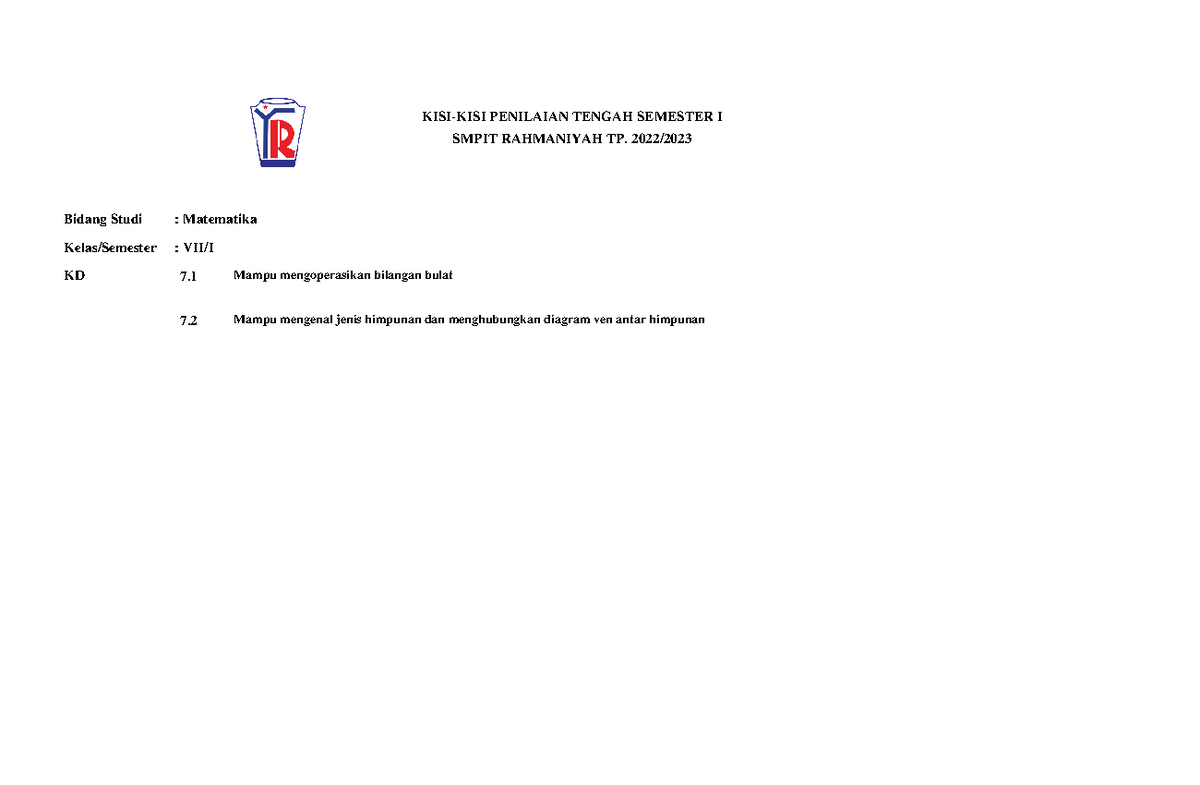 Kisi - Kisi PTS MTK General Only For Student Grade VII Semester Ganjil TP 2022-2023 - KISI-KISI ...