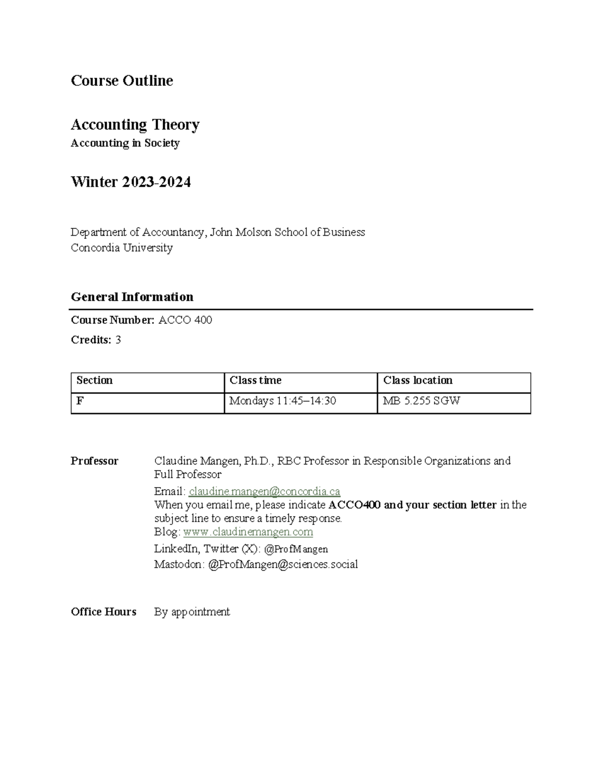 ACCO 400 Course Outline Winter 23-24 - Course Outline Accounting Theory ...