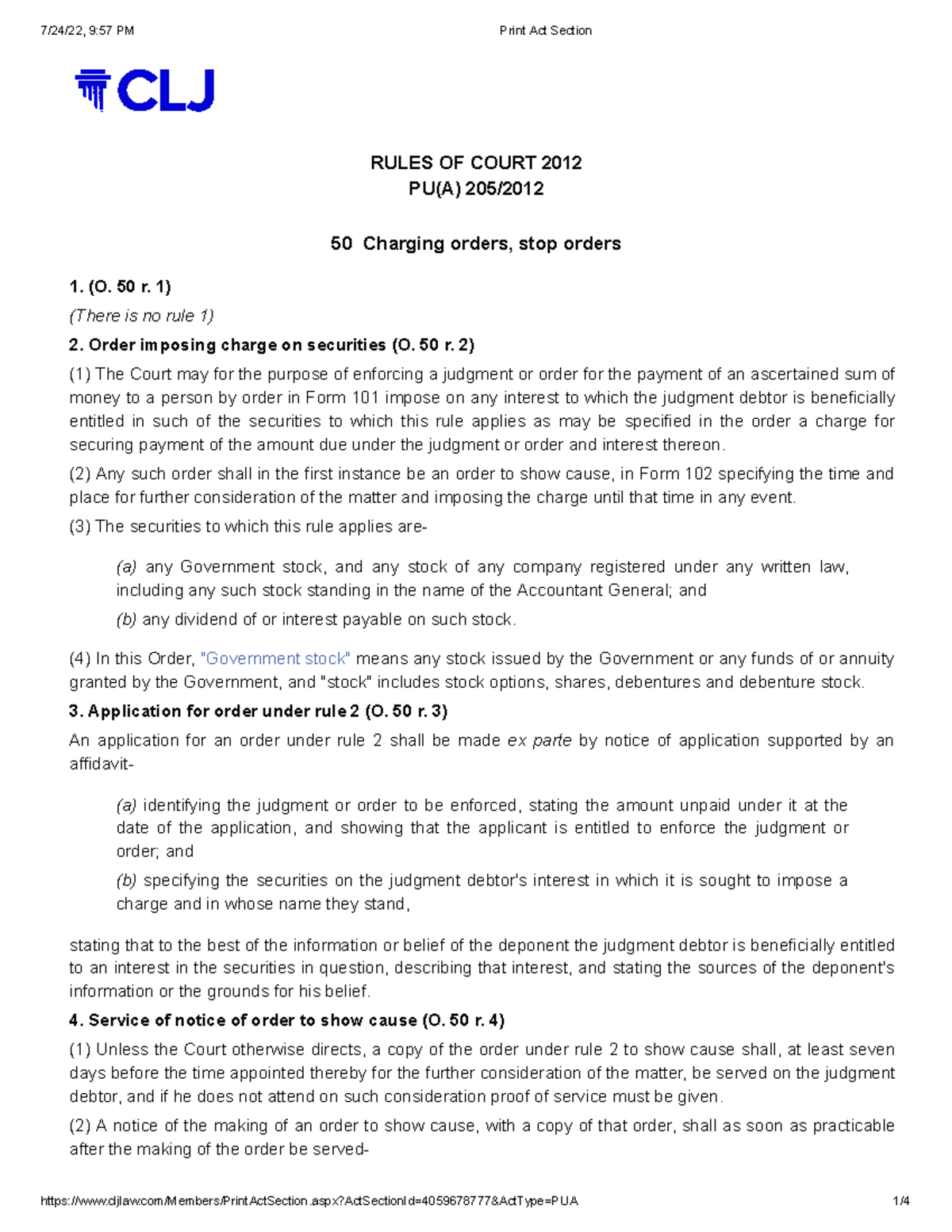 O 50 Rules Of Court 2012 RULES OF COURT 2012 PU A 205 50 Charging
