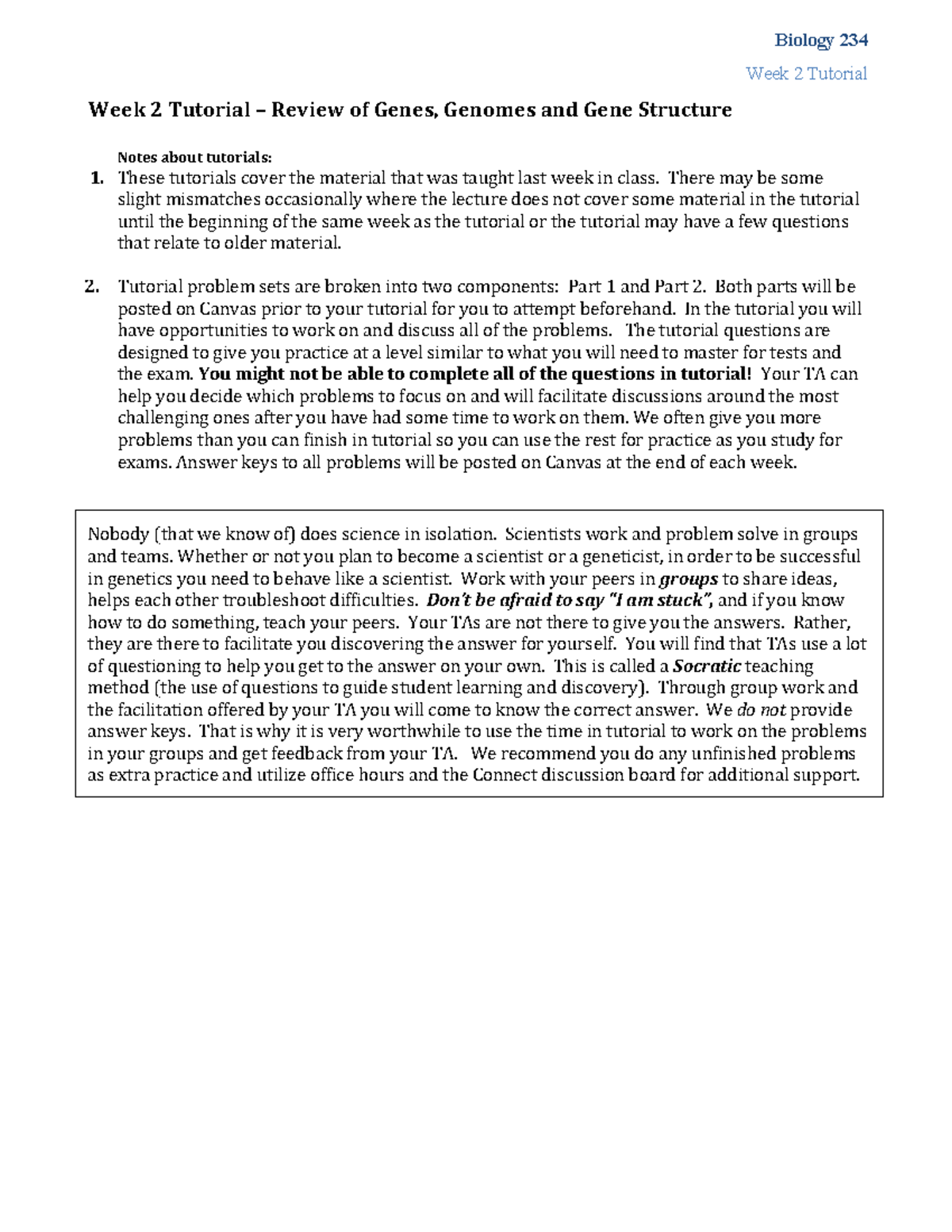 234 2021W2 Week 2 tutorial problems answers - Week 2 Tutorial Week 2 Tutorial – Review of Genes ...