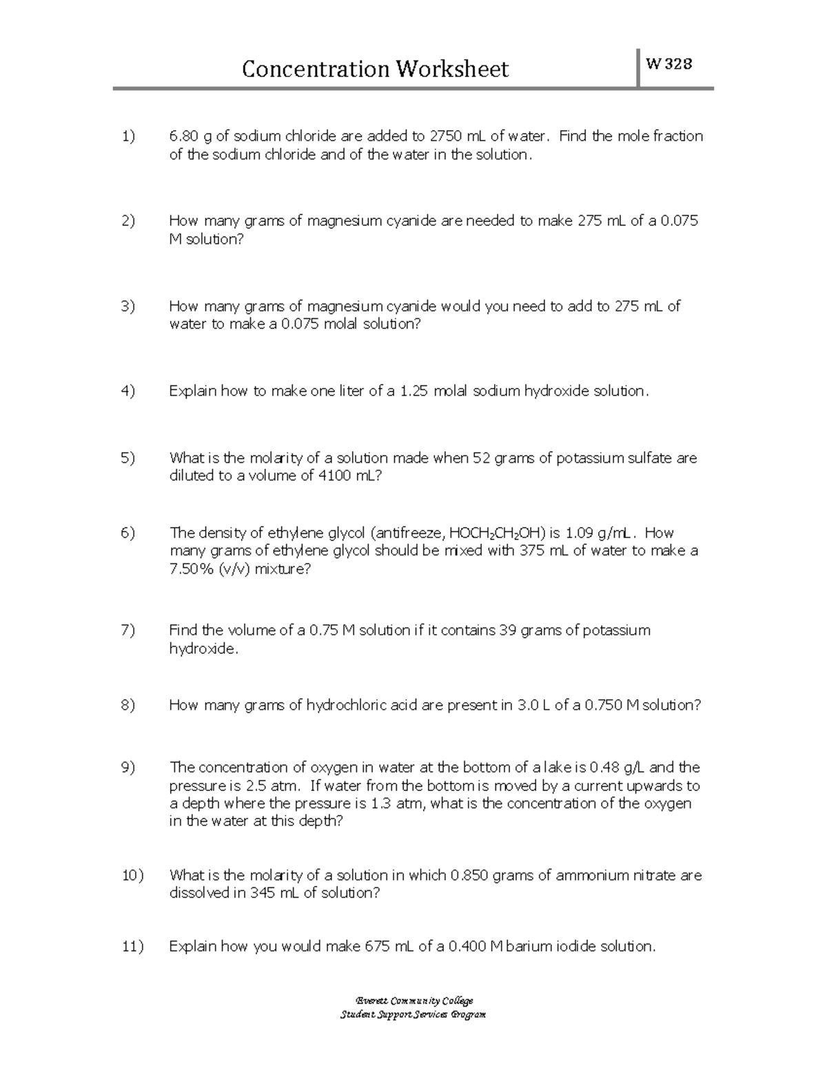 CHE+116+Concentration - Concentration Worksheet W 328 Everett Community ...