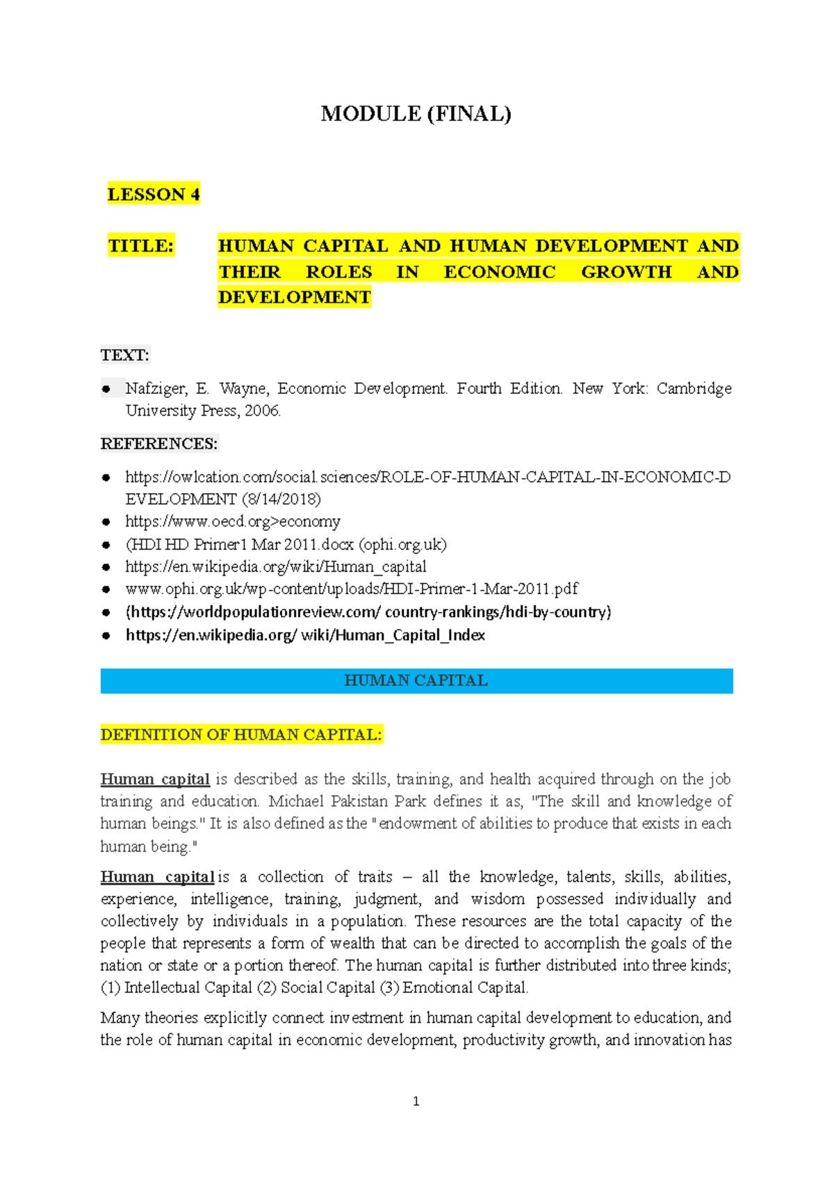 Final- Module-NO - MODULE (FINAL) LESSON 4 TITLE: HUMAN CAPITAL AND ...