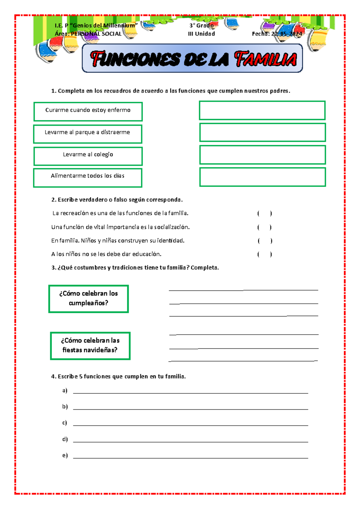 Funciones DE LA Familia 3° - I. P “Genios del Millennium” 3 ° Grado ...
