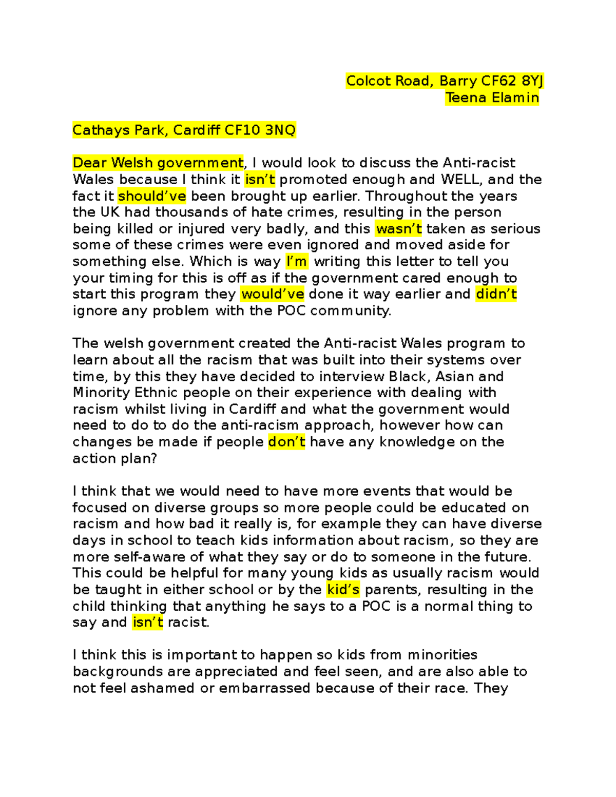 Anti-Racism - Letter - Colcot Road, Barry CF62 8YJ Teena Elamin Cathays ...