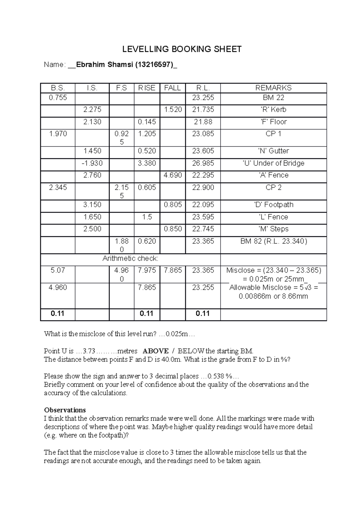 Level booking assignment - LEVELLING BOOKING SHEET Name: __ Ebrahim ...