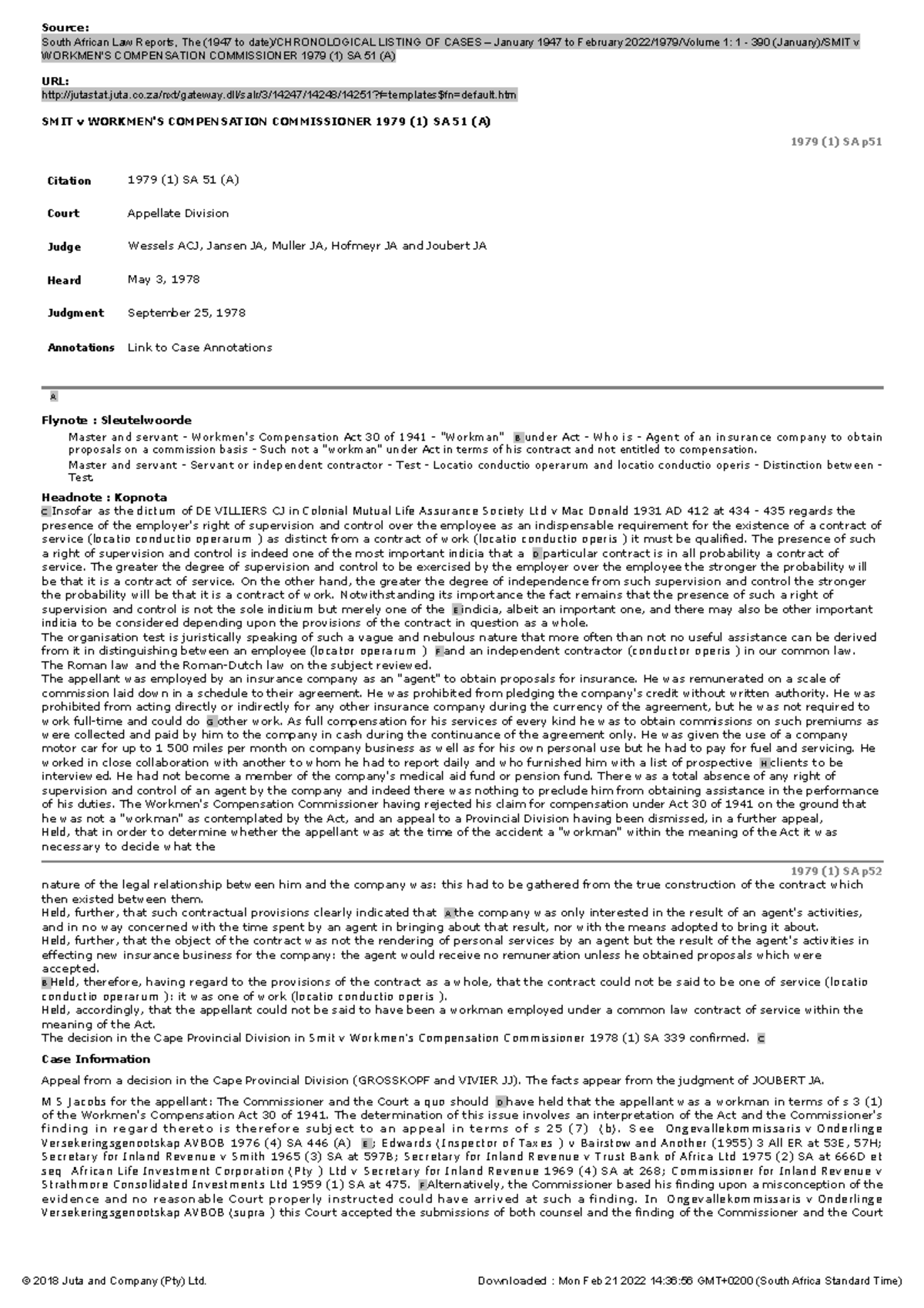 Smith v Workmens Compensation Commissioner 1979 (1) SA 51 - - Studocu