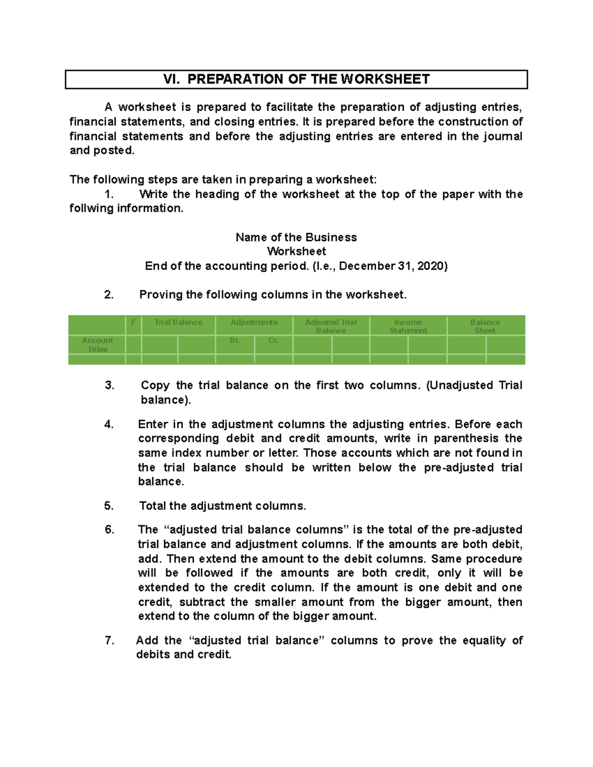 Lecture-PREPARATION OF THE WORKSHEET - Vl. PREPARATION OF THE WORKSHEET ...