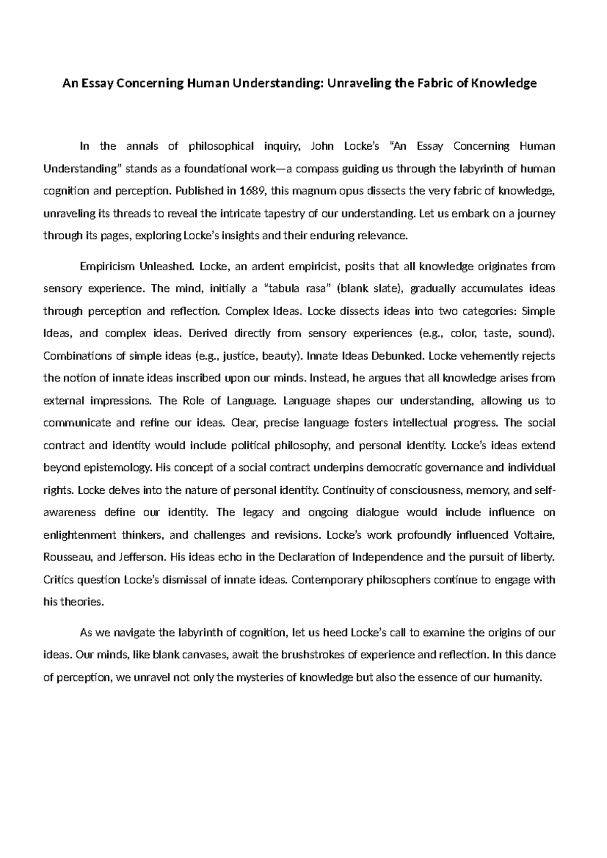 Human Understanding - An essay of a randomly chosen topic - An Essay ...