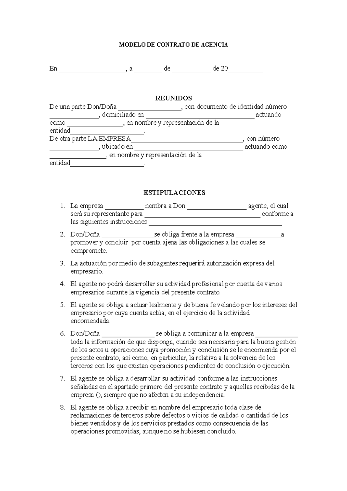 Modelo contrato de agencia - MODELO DE CONTRATO DE AGENCIA En ...