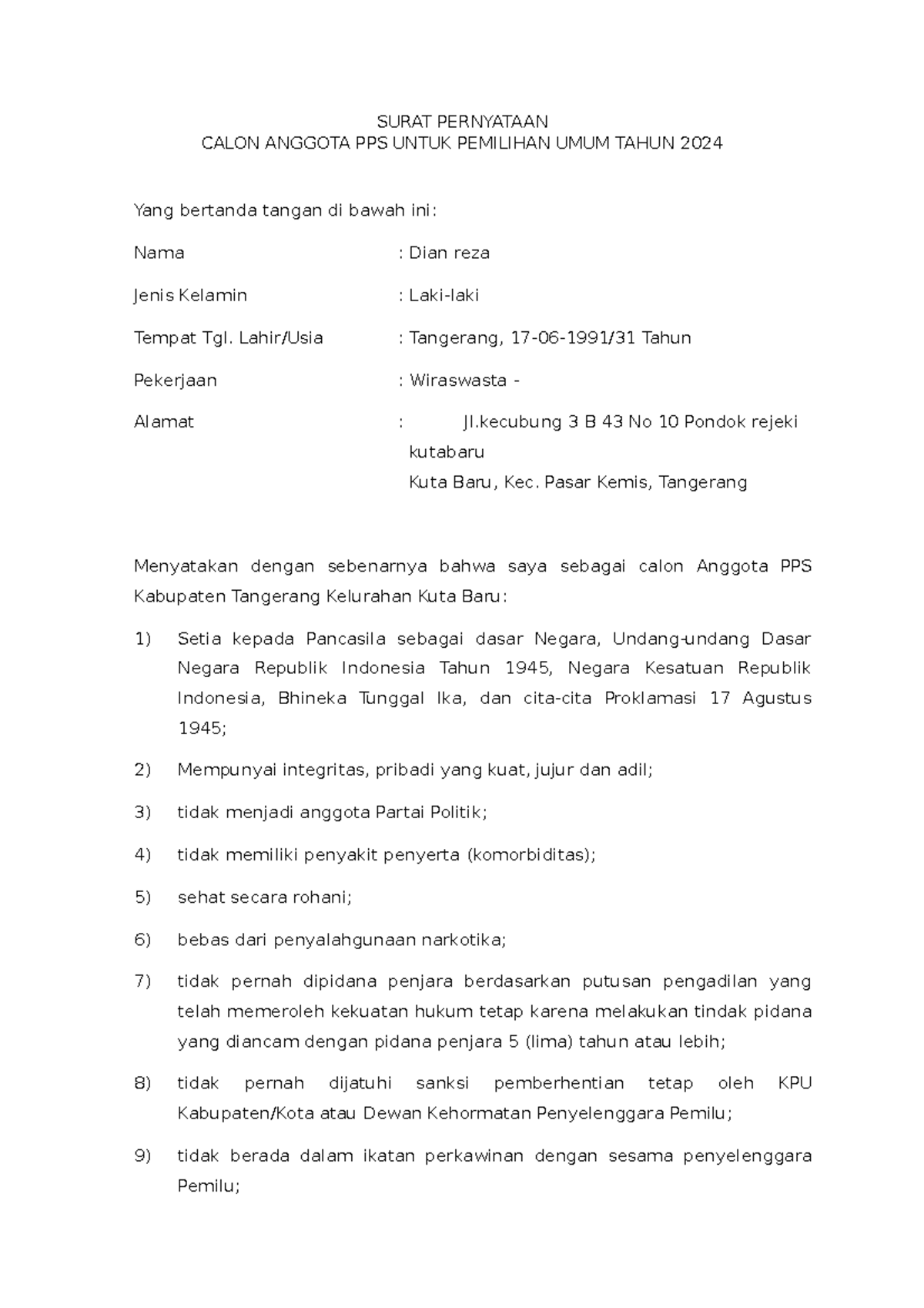 Surat pernyataan - Yep - SURAT PERNYATAAN CALON ANGGOTA PPS UNTUK ...