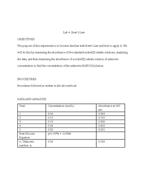 Lab 4 - Beer's Law Lab Report - Data Analysis Report: Experiment 4 ...