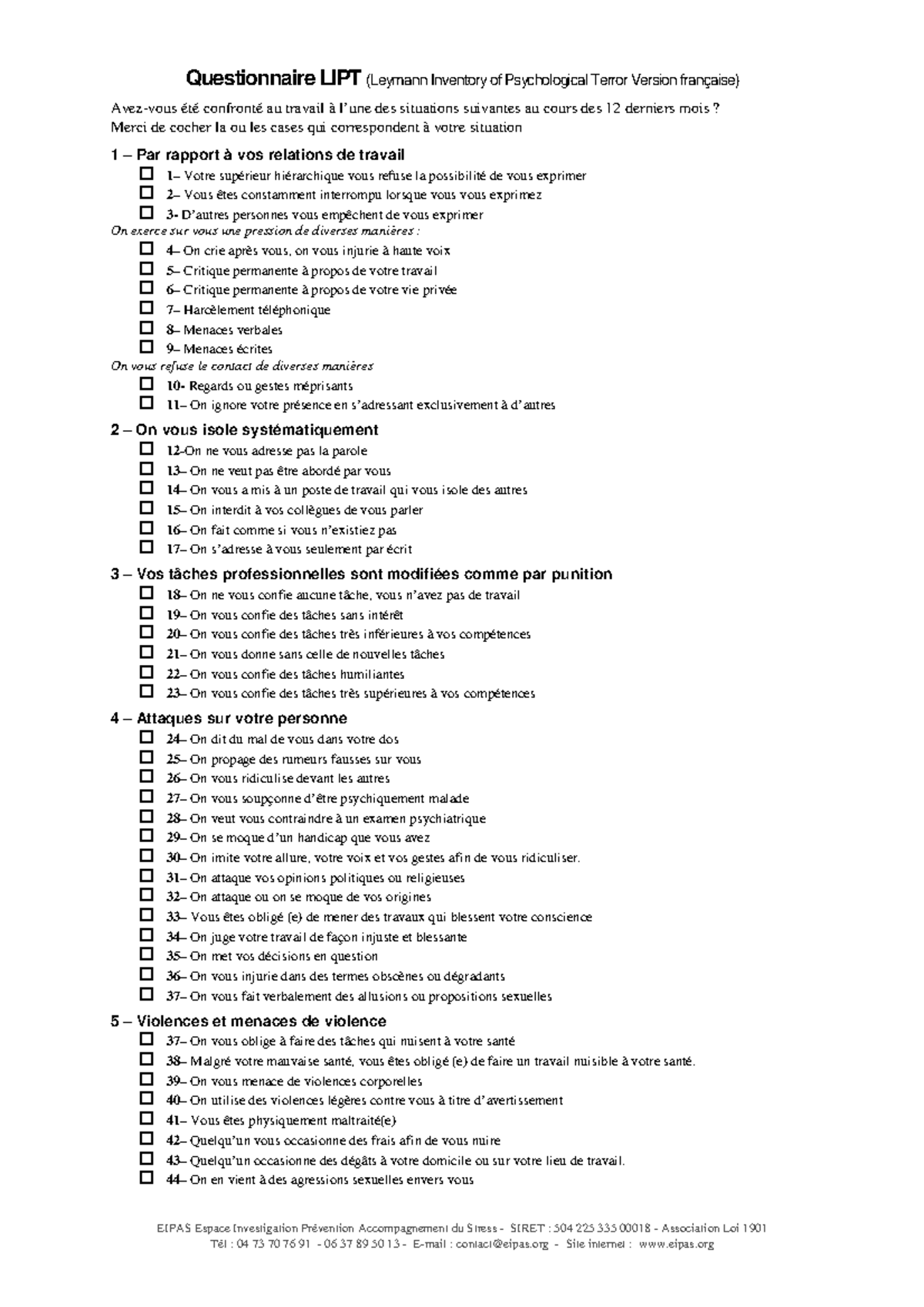 Questionnaire de Leyman - EIPAS Espace Investigation Prévention ...