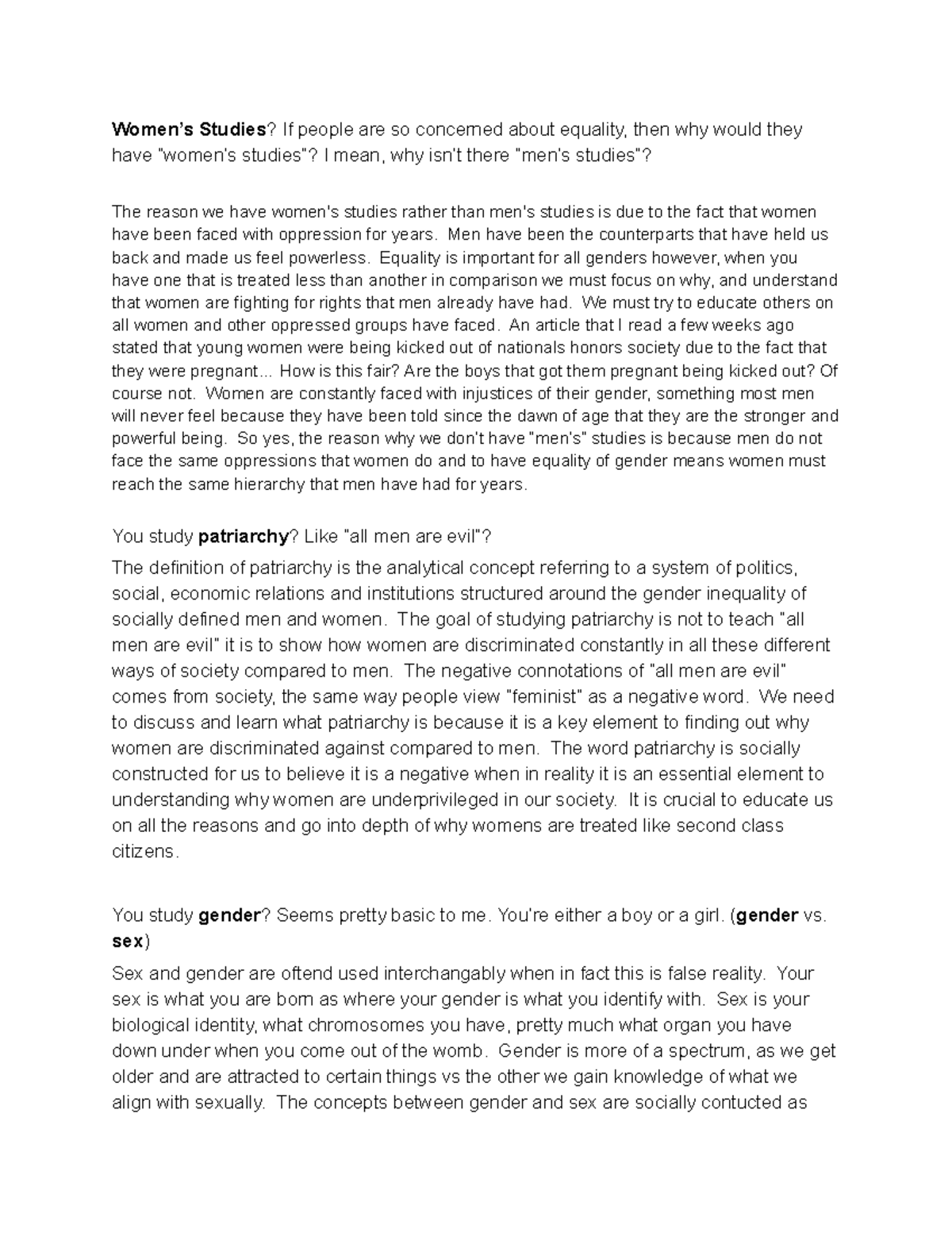 Midterm WS - Test question and Answers - Women’s Studies? If people are ...