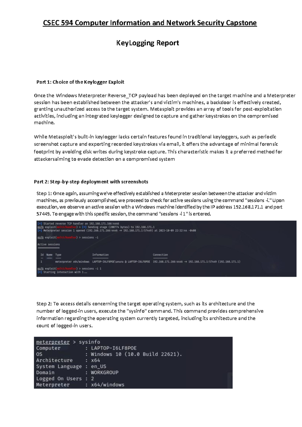 Keylogging Report AV - UEHIUEHFUH - CSEC 594 Computer Information and Network Security Capstone ...